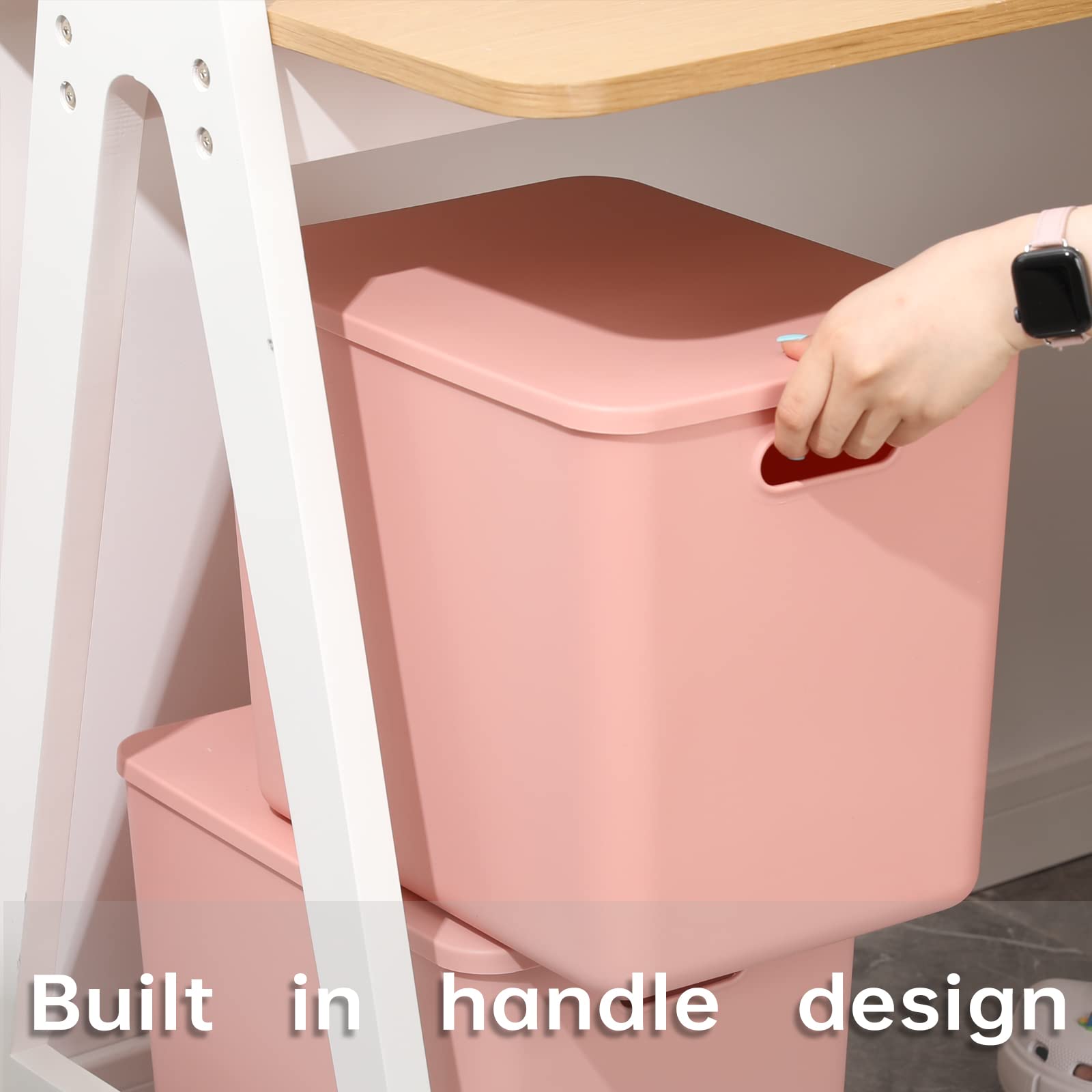 Yishyfier Plastic Storage Baskets With Lid Organizing Container Lidded Knit Storage Organizer Bins for Shelves Drawers Desktop Closet Playroom Classroom Office (4XL+2L, Pink)