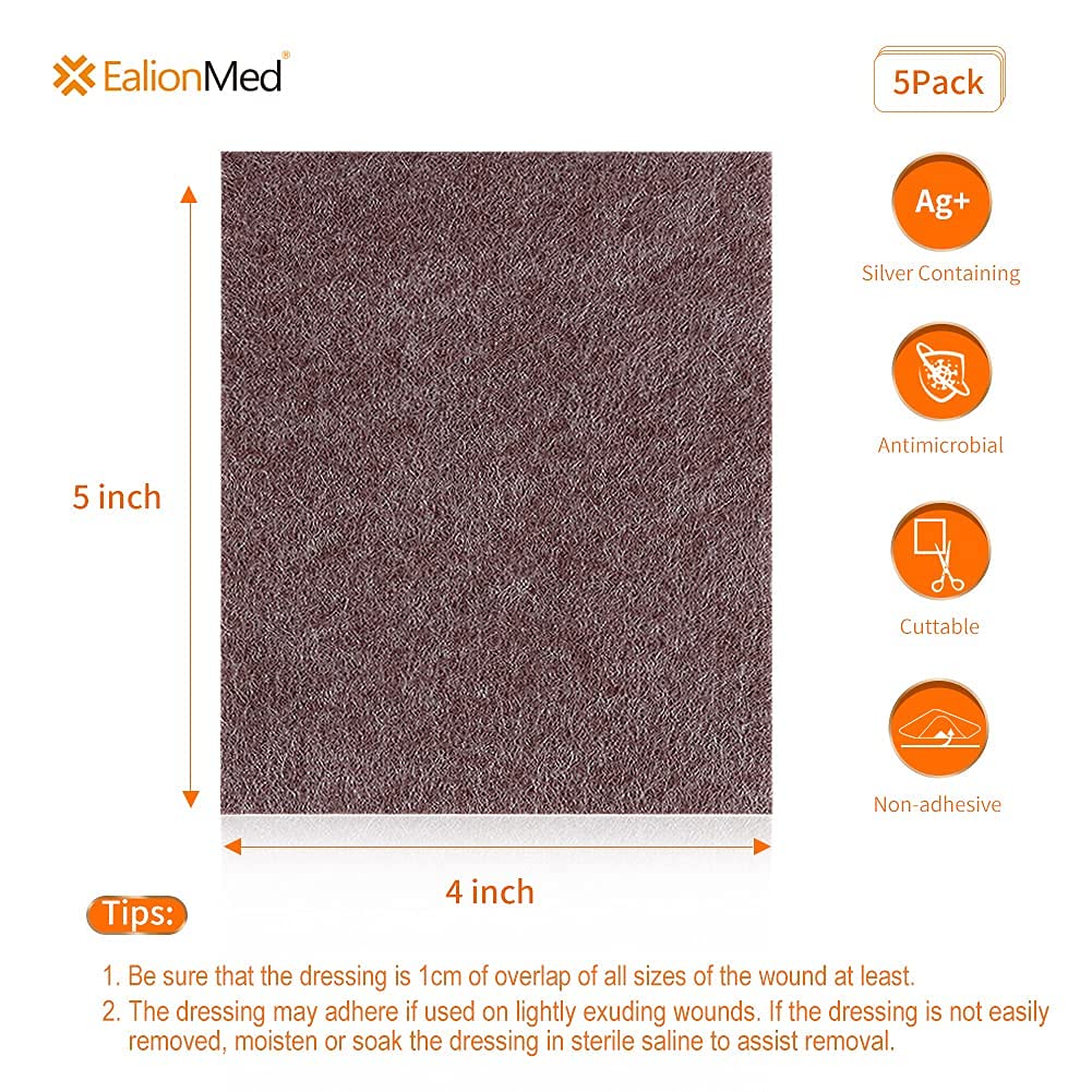 Silver Calcium Alginate Wound Dressing Pad, 4ββx5ββ Patch, High Absorbency Non-Stick Ag Gauze for Pressure Ulcer,Bed Sore,Leg Sore,Diabetic Foot Ulcer, 5 Packs
