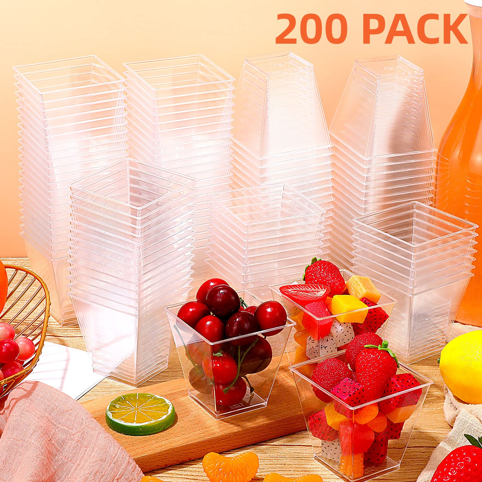 Zubebe Dessert Cups 8 oz Clear Plastic Appetizer Cups Small Square Dessert Bowls Mini Serving Cups for Tasting Party, Baby Shower Party, Wedding, Birthday Party Favor (200 Pcs)