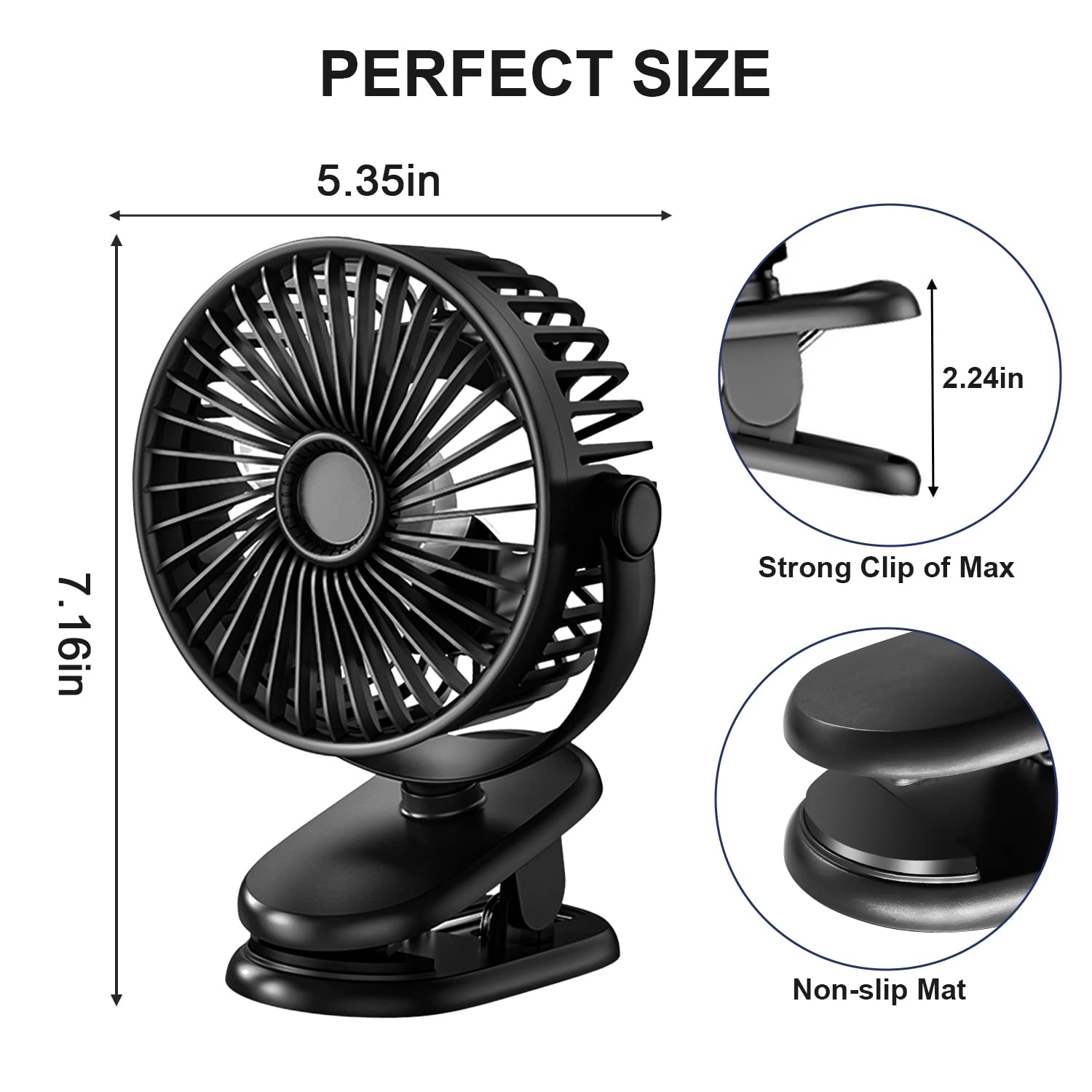 Small Clip on Fan, 2 Speeds USB Fan Powerful Personal Desktop Table Fan, Clip & USB Desk Fan with Sturdy Clamp, 360° Rotate Ultra Quiet operation for Home Office Indoor Bedroom Stroller(Black)