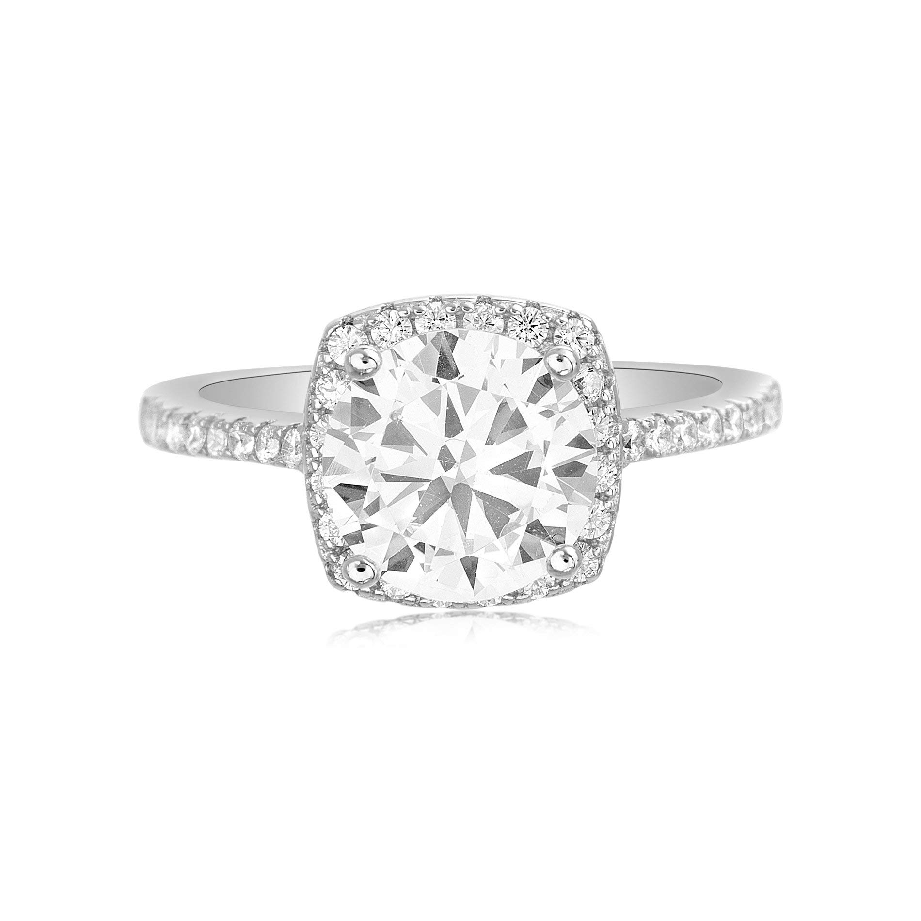 TwoBirch Classic Round Halo Solitaire Engagement Ring with 18k White Gold Plated Sterling Silver and Cubic Zirconia (Size 10)