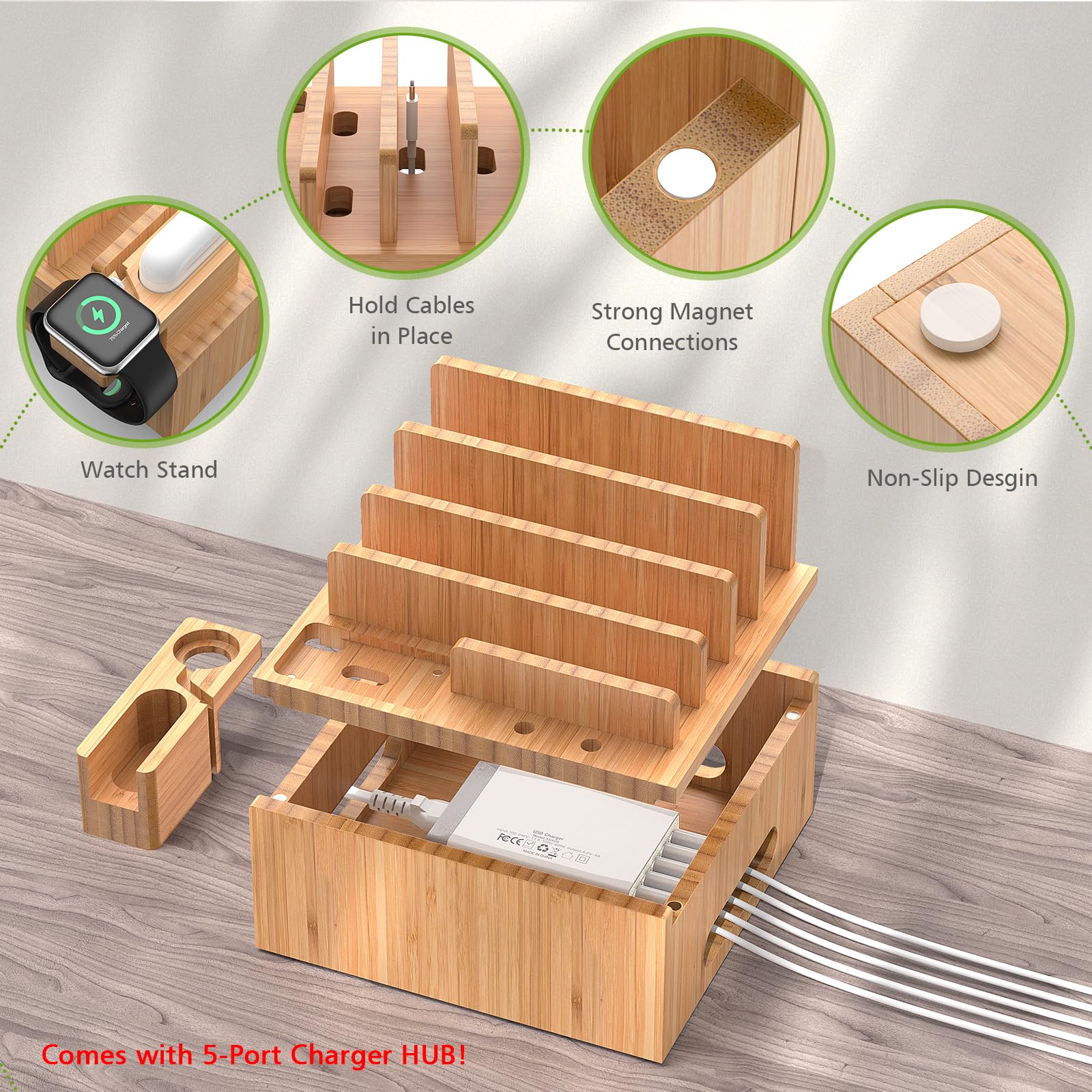 Pezin & Hulin Bamboo Multiple USB Charging Station for Phones and Tablets, All-in-one Organizer Dock for Watch, Earbuds - with 6 Cables, 5 Ports Hub Charger