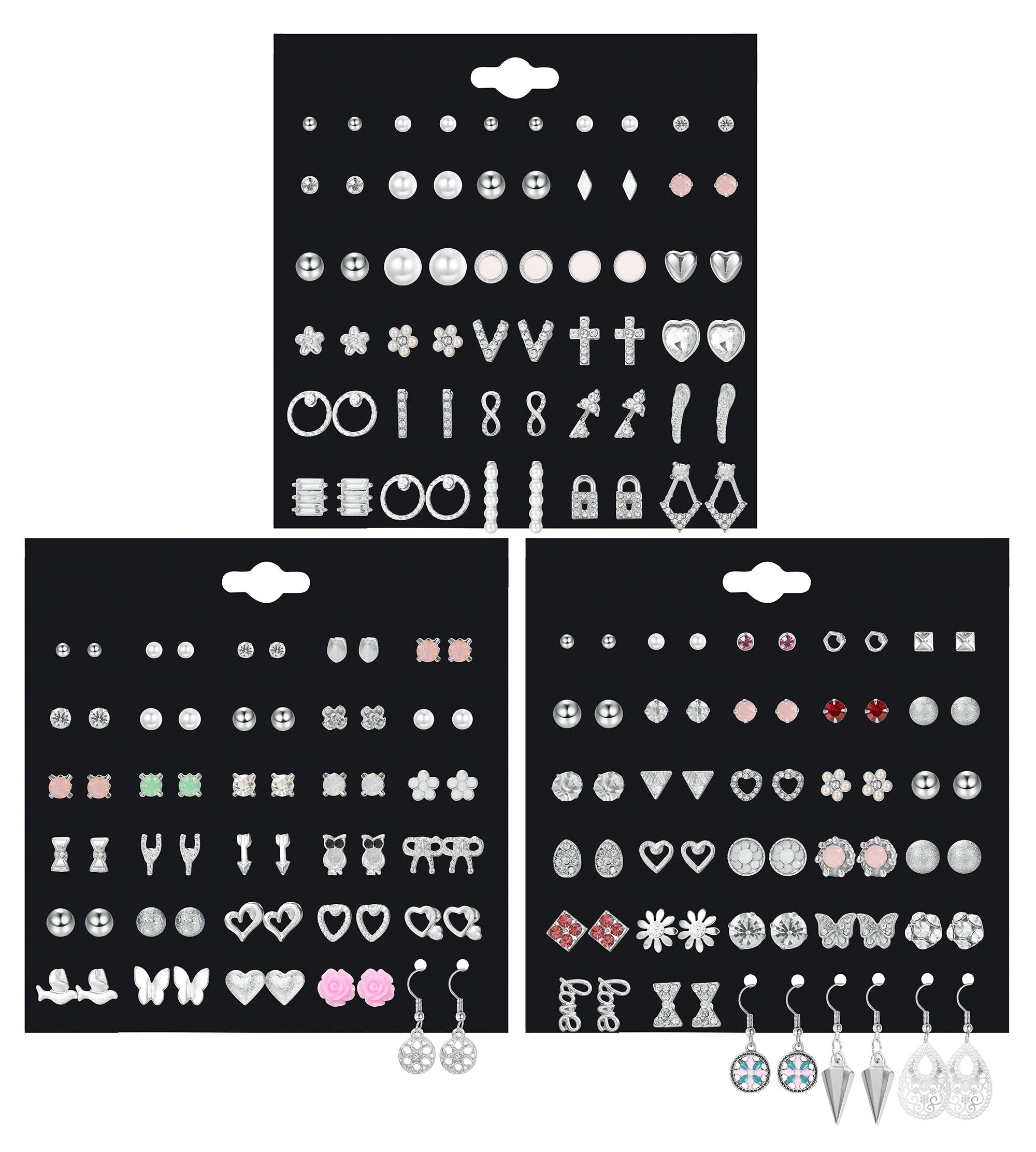 Thunaraz 90Pairs Assorted Multiple Small Stud Earrings Sets for Women Multipack Simple Cute Bar Star Moon Triangle Geometric Arrow Flower Bow CZ Ball Faux Pearl Earrings Set