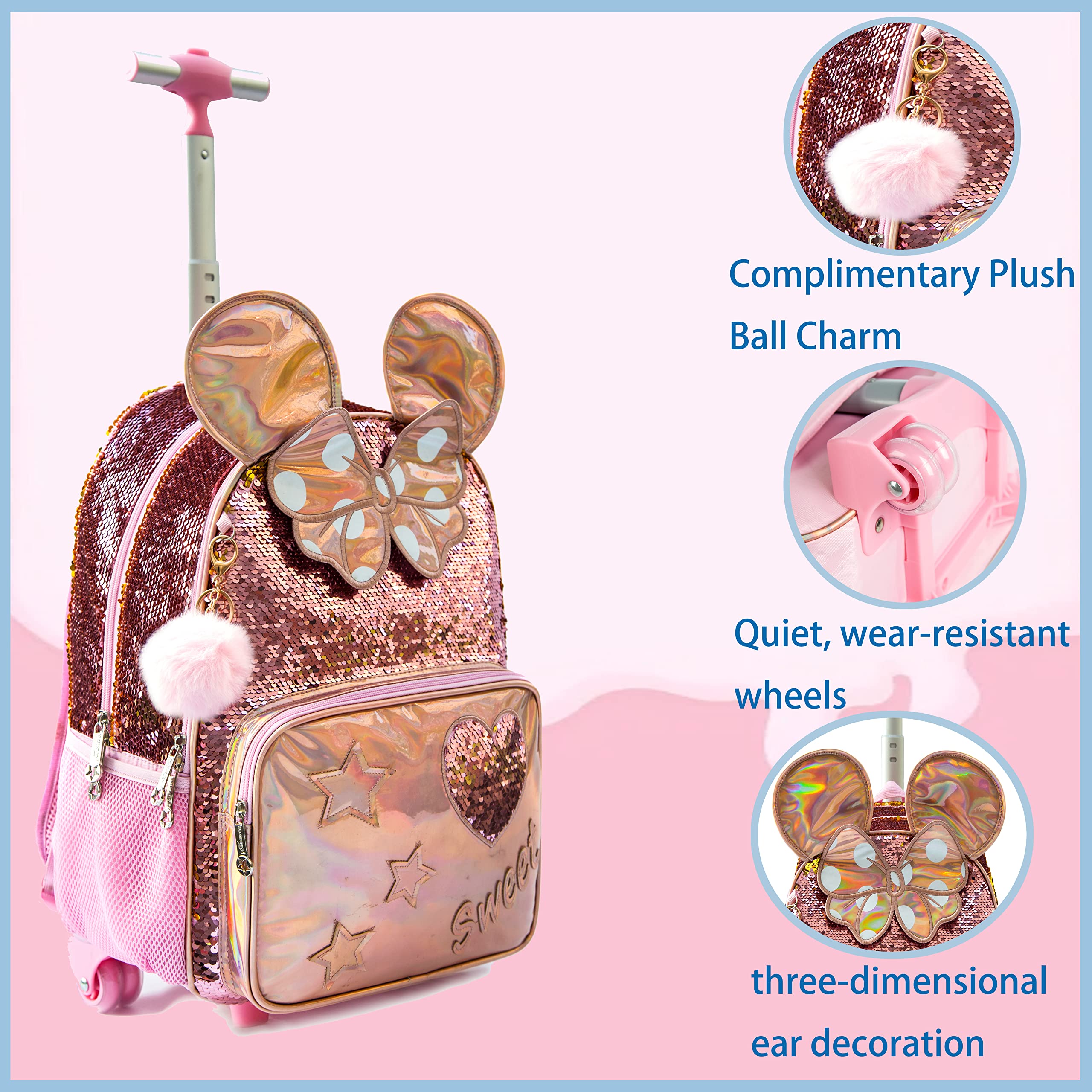 ZBAOGTW Rolling Backpack for Girls Backpack with Wheels Lunch Box and Pencil Bag Adjustable Length Sequins Wheeled Backpack for School Travel Picnic