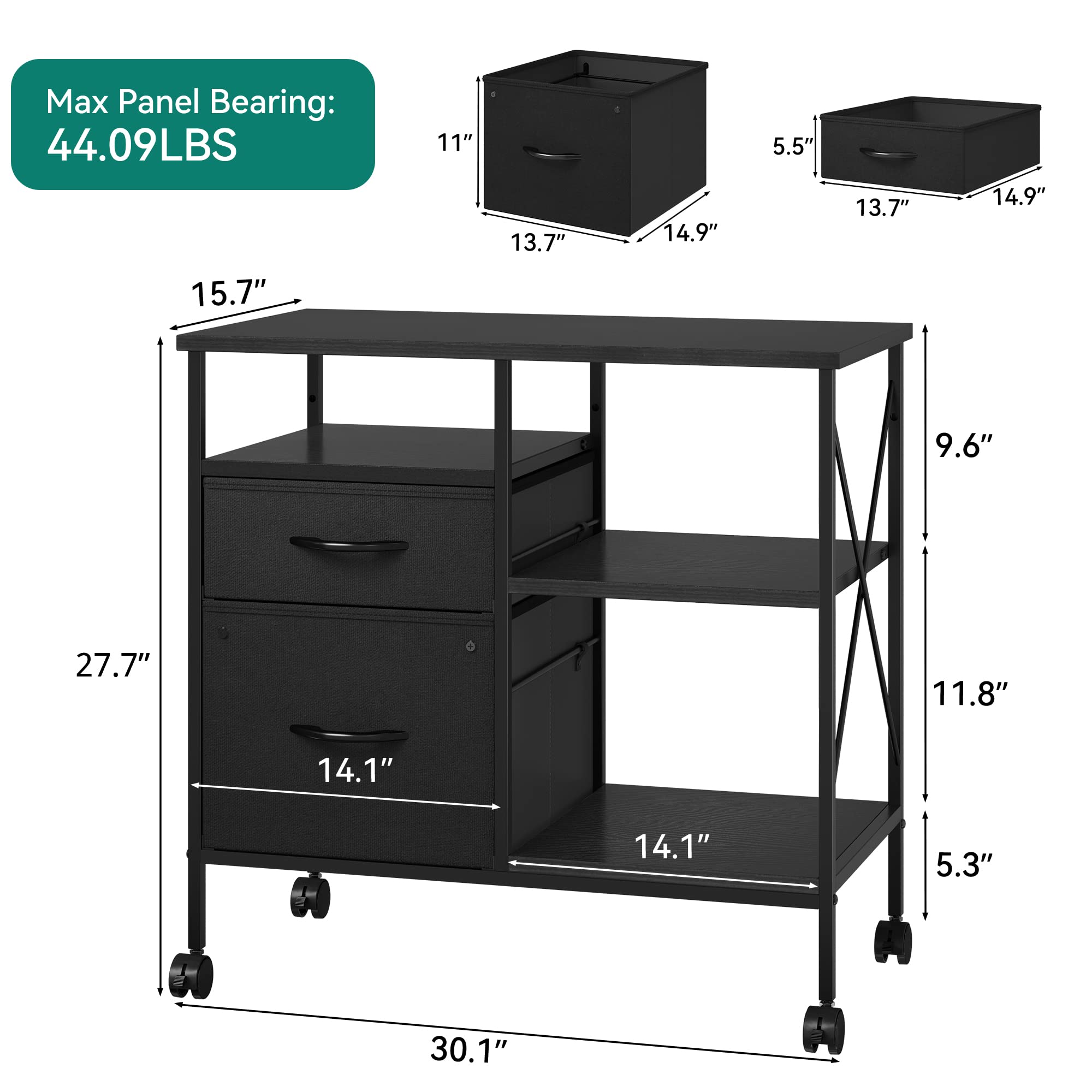 YITAHOME 2 Drawer Mobile File Cabinet, Rolling Printer Stand with Open Storage Shelf, Lateral Fabric Filing Cabinet for Home Office, Fits A4/Letter Size (Black)