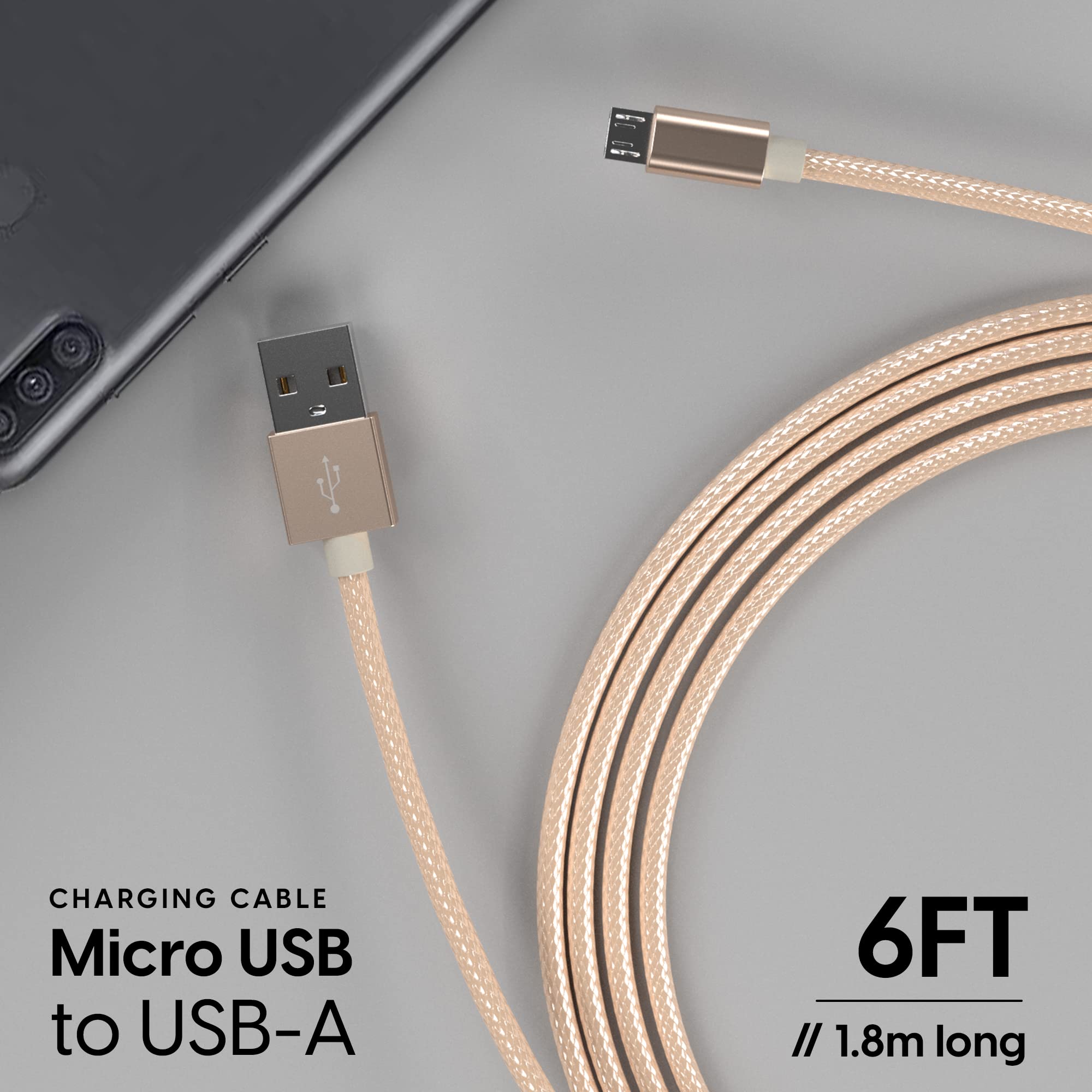 TALK WORKS Micro USB Cable 6ft Long Android Cell Phone Charger Braided Heavy Duty Fast Charging Cord for Samsung Galaxy S6 / S7, Tablet, Bluetooth Speaker, Wireless Earbuds Headphones - Silver
