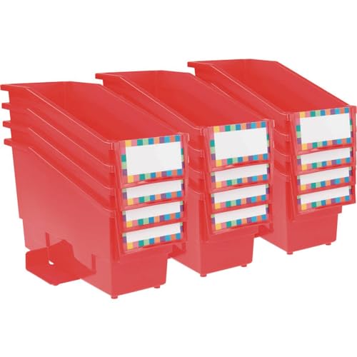 Really Good Stuff Non-Tip Book and Binder Holders with Stabilizer Wings, 5½” by 13½” by 7¾” - Set of 12, Red Classroom Organization and Storage Solution