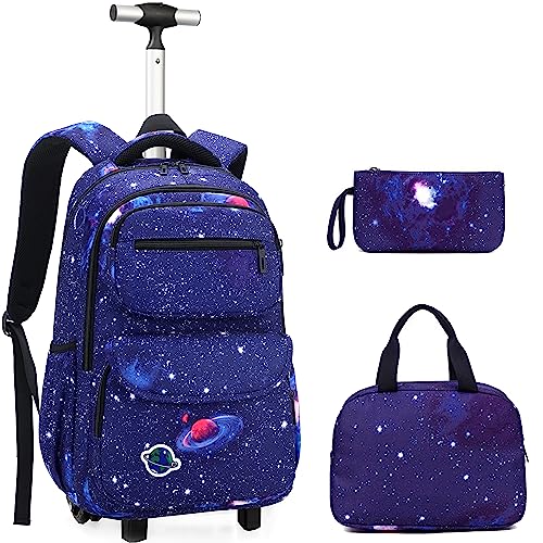 ZBAOGTW Rolling Backpack Boys 3 in 1 School Wheeled Backpack Set Kids Luggage School Travel Rolling Backpack for Boys with Starry Sky Printed