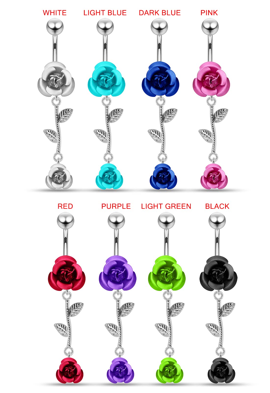 Red Double Rose with Leaf Dangling Design 925 Sterling Silver Belly Button Piercing Ring Jewelry