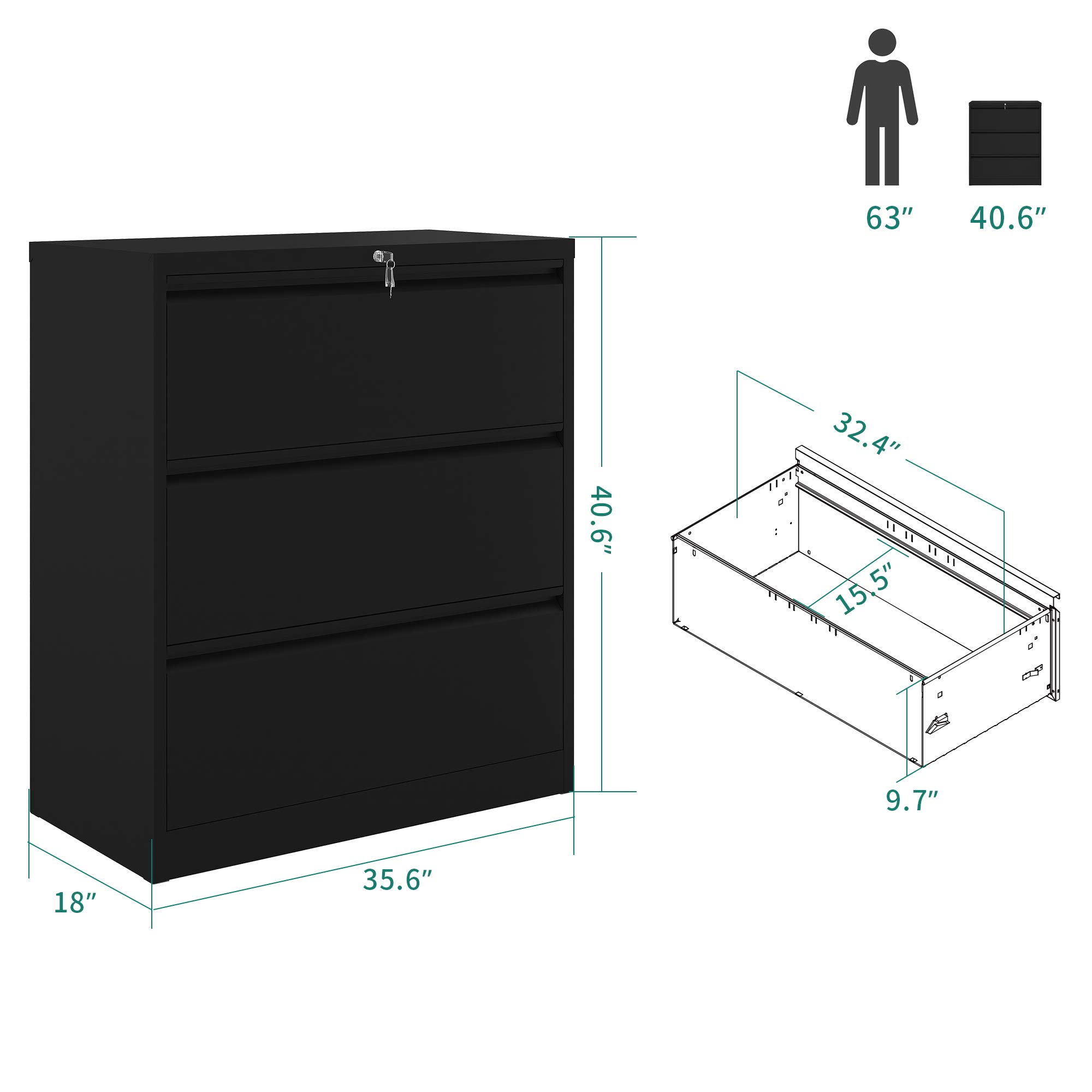 YITAHOME 2 Drawer Lateral File Cabinet, Stainless Steel Wide Lateral File Cabinet with Lock, Metal Filing Storage Cabinet for Legal/Letter A4 Size, Assembly Required,Office Organizer (Black)