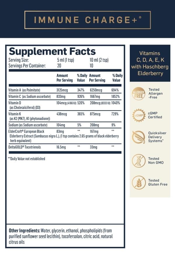 Quicksilver Scientific Immune Charge+ - Elderberry Immune Support with 10,000 IU Vitamin D3, 25,000 Vitamin A, Vitamin C, E, K1 & K2 for Immune Health & Lung Support (100ml)