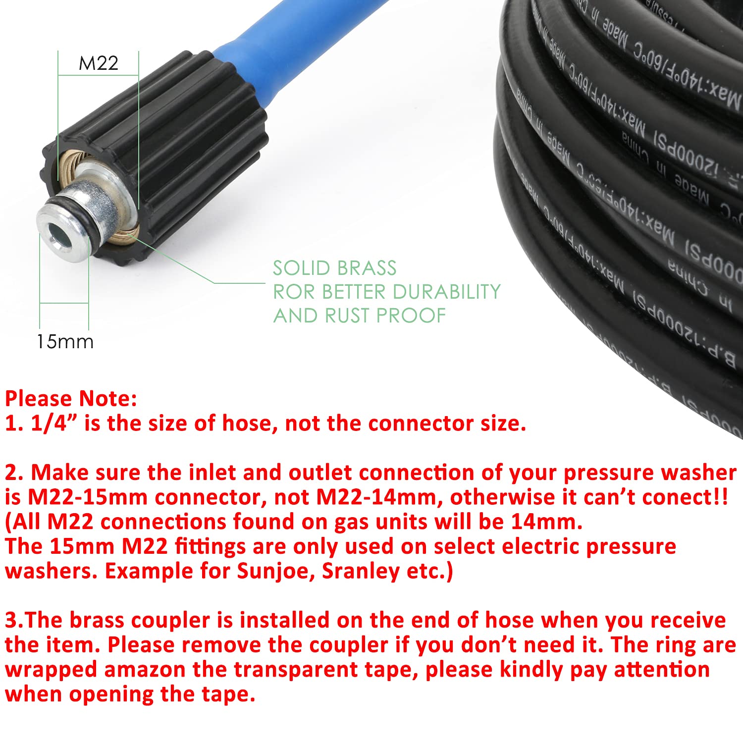 STYDDI 50 FT Pressure Washer Extension Hose with Coupler, 4000 PSI X 1/4", Double M22-15mm Brass Thread Connector for Sun Joe SPX Series, Stanley and Other Pressure Washers with M22 15mm Thread