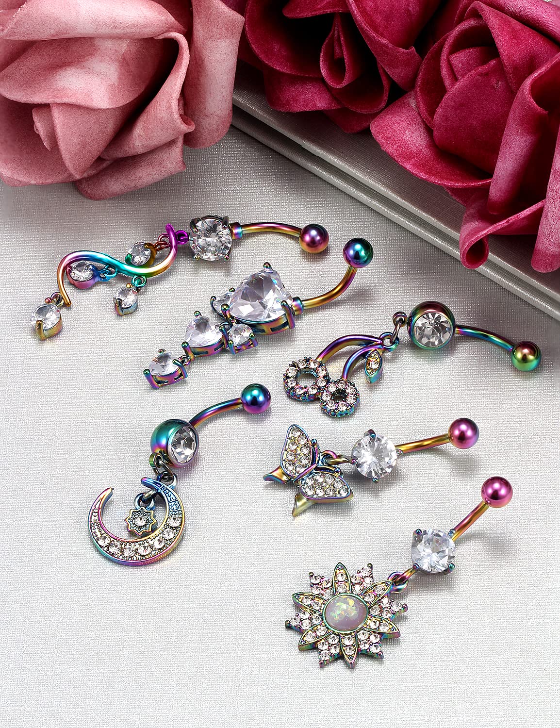 Vsnnsns 14G Belly Button Rings for Women Stainless Steel CZ Opal Long Dangle Belly Rainbow Tone B VSN0283 0