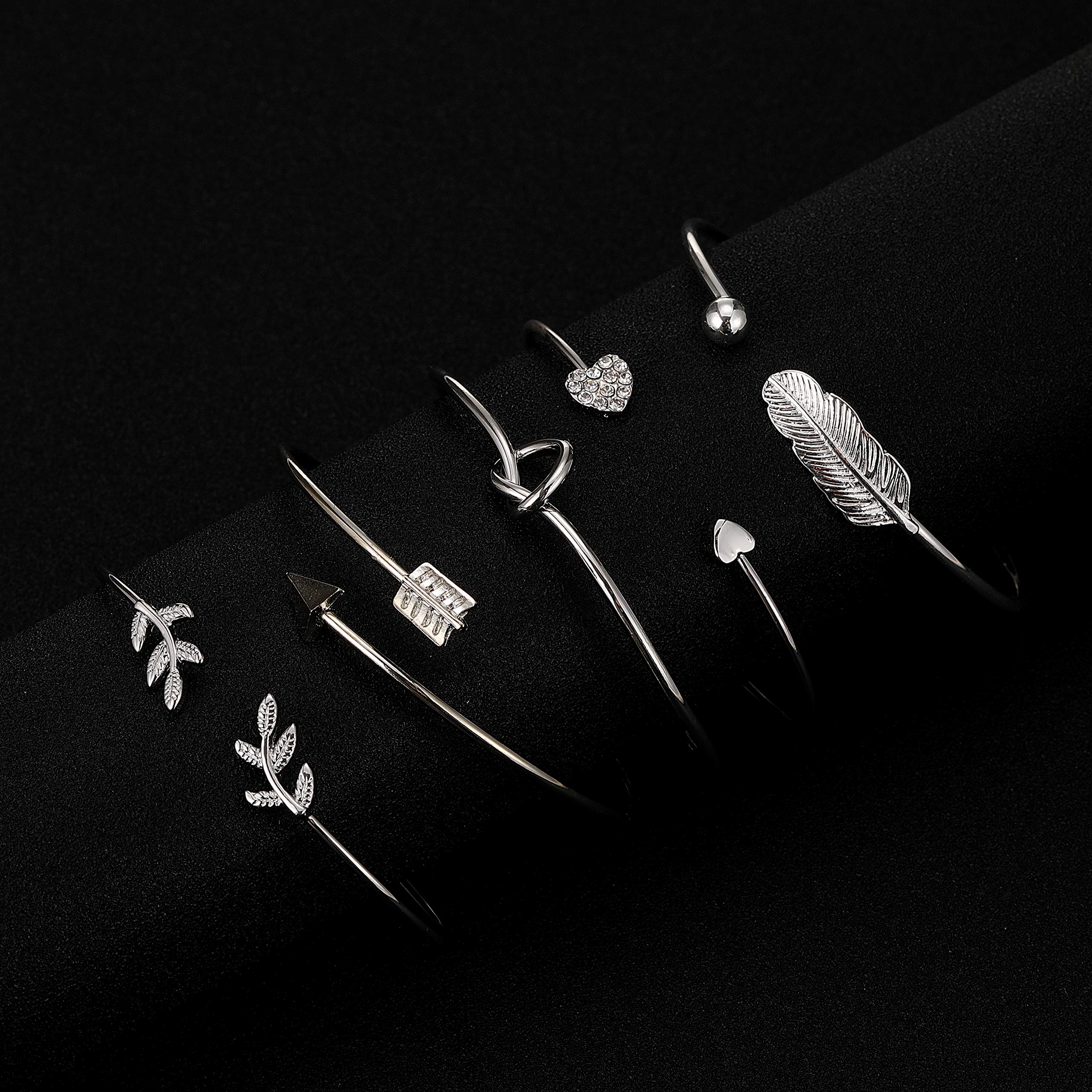 Softones 5pcs Bangle Silver Bracelets for Women Heart|Olive Leaf|Arrow|Feather|Knot Heart Open Cuff Bracelet Set Adjustable