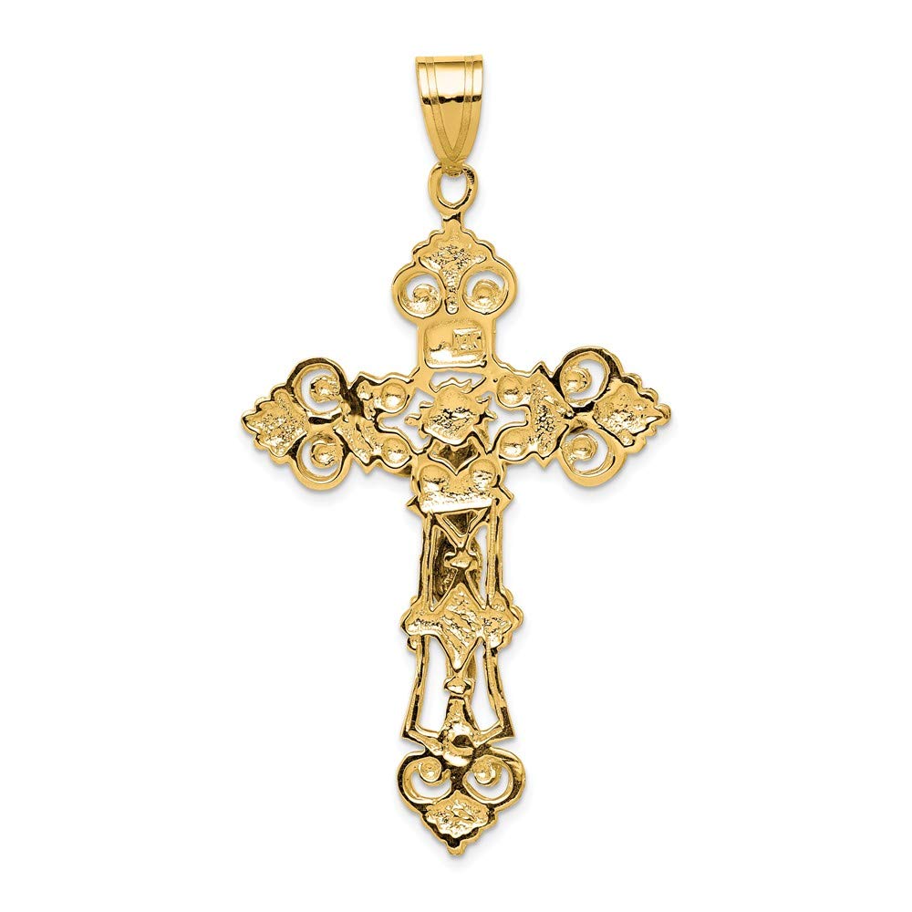 Solid 14k Yellow Gold INRI Fleur De Lis Cross Pendant Crucifix Charm - 57mm x 31mm