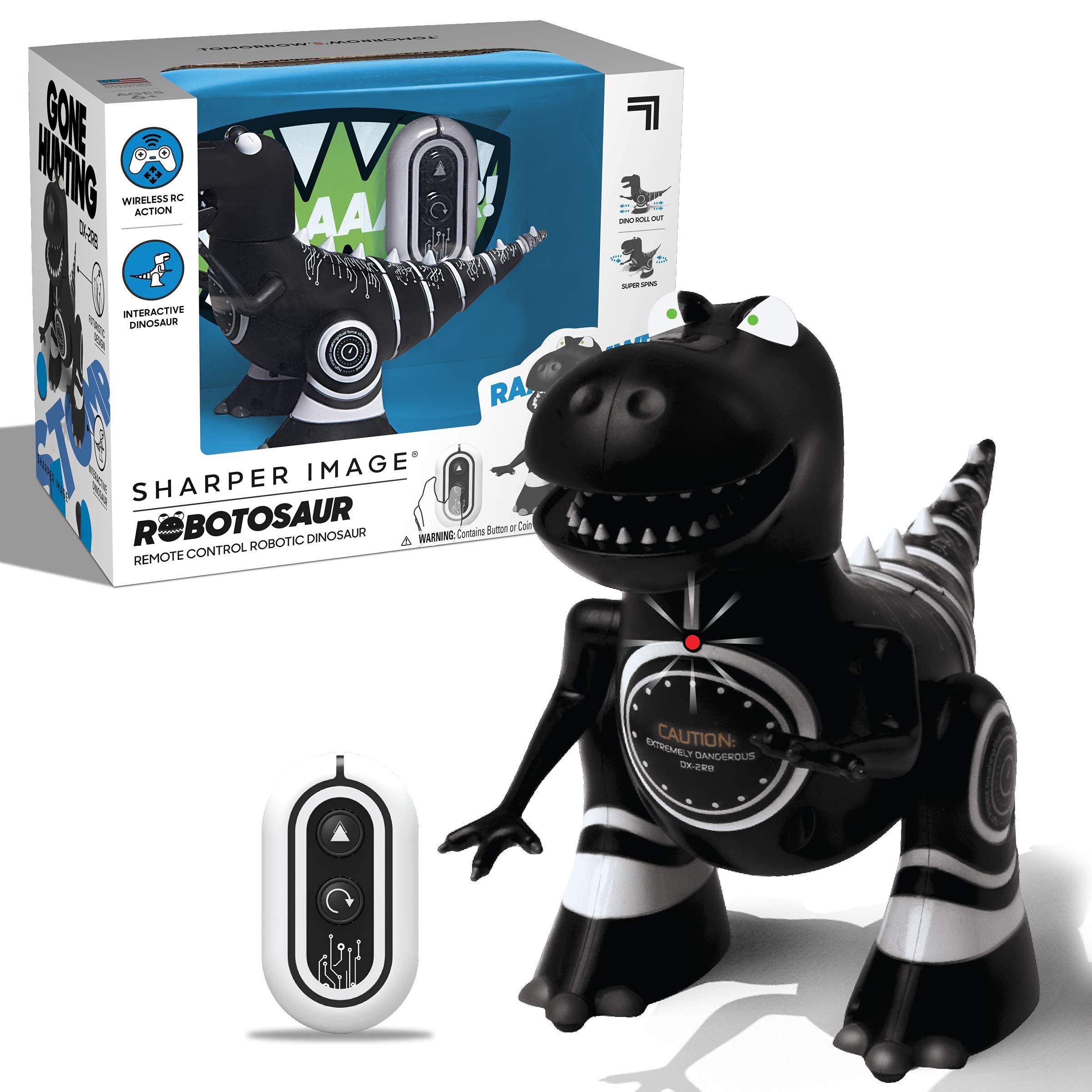 Sharper Image Remote Control Mini RC Robotosaur Dinosaur Toy for Kids, Miniature Futuristic Sci-Fi Robot T-Rex Moving Action Figure with Infrared Technology, Battery Operated Black Body