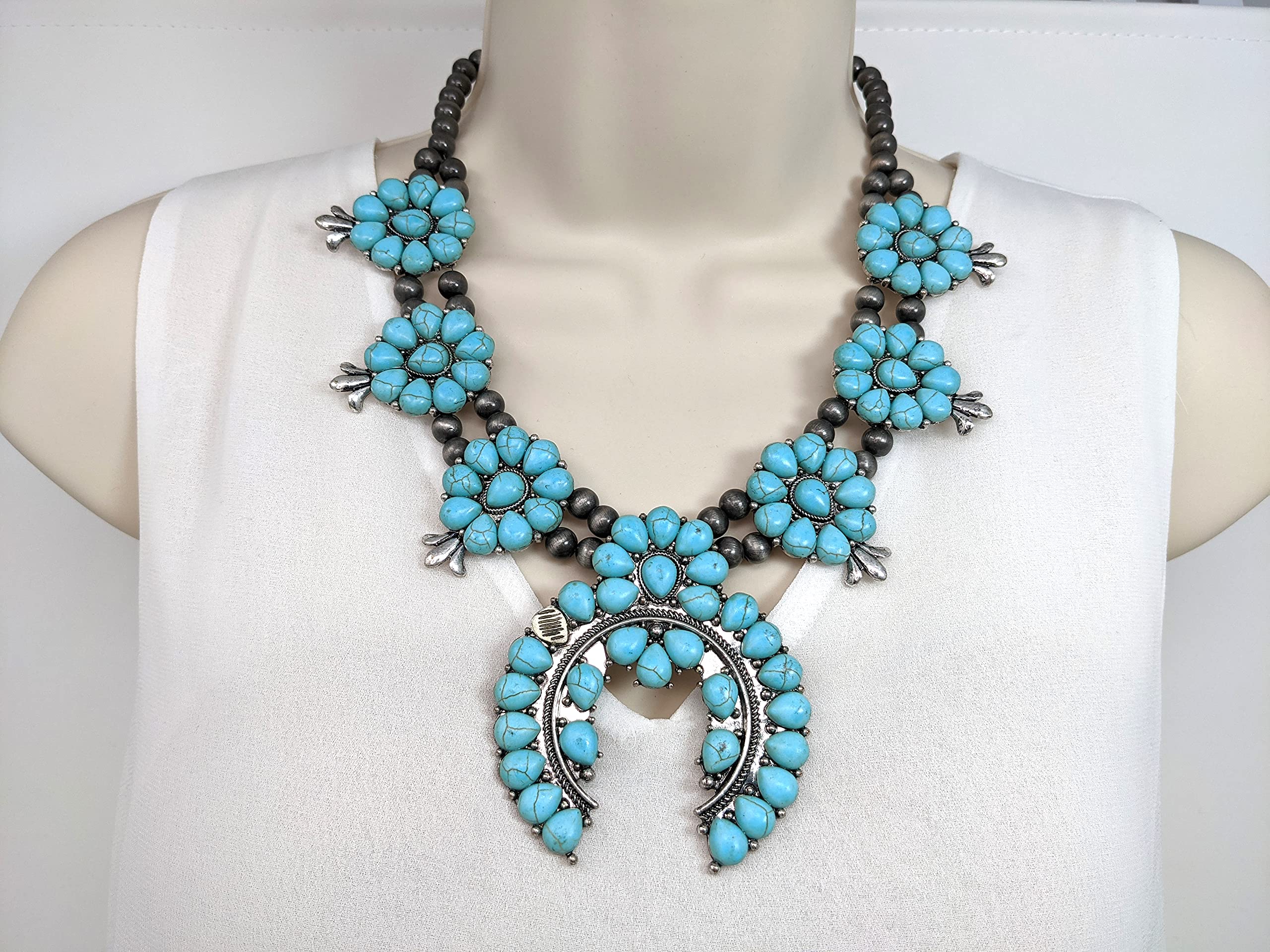Turquoise Stone Squash Blossom Pendant Bib Statement Faux Navajo Pearl Necklace 20 Inch and French Hook Earrings (Silver Burnish/Turquoise)