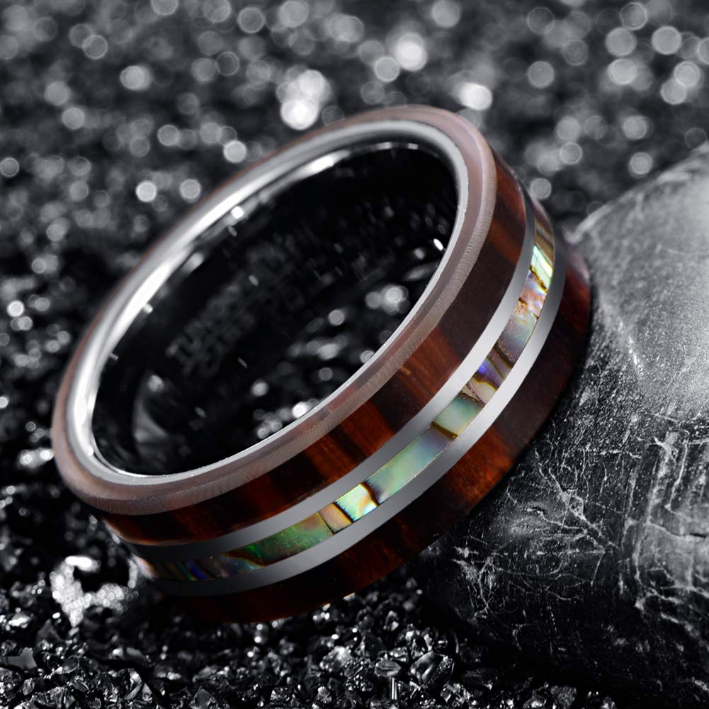 Vakki Unisex Tungsten Carbide Promise Rings for Him Wood and Abalone Shell Inlay Wedding Band Comfort Fit Size 10.5