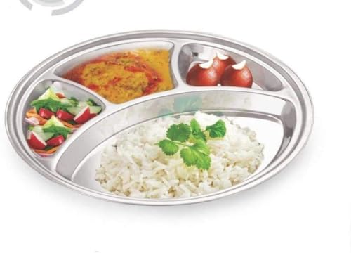 WhopperIndia Stainless Steel 4 Compartment Dinner Plate, Serving Platter, Restaurant Mess Tray Great for camping, picnics, school, indoor or outdoor use Set of 2 pcs- 13 Inch Each