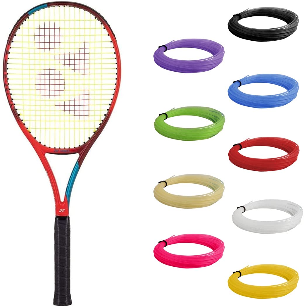 YONEX VCORE 100+ 6th Gen Tango Red Tennis Racquet (4 1/2" Grip) Strung with Black Synthetic Gut Racket String - 16x19 String Pattern