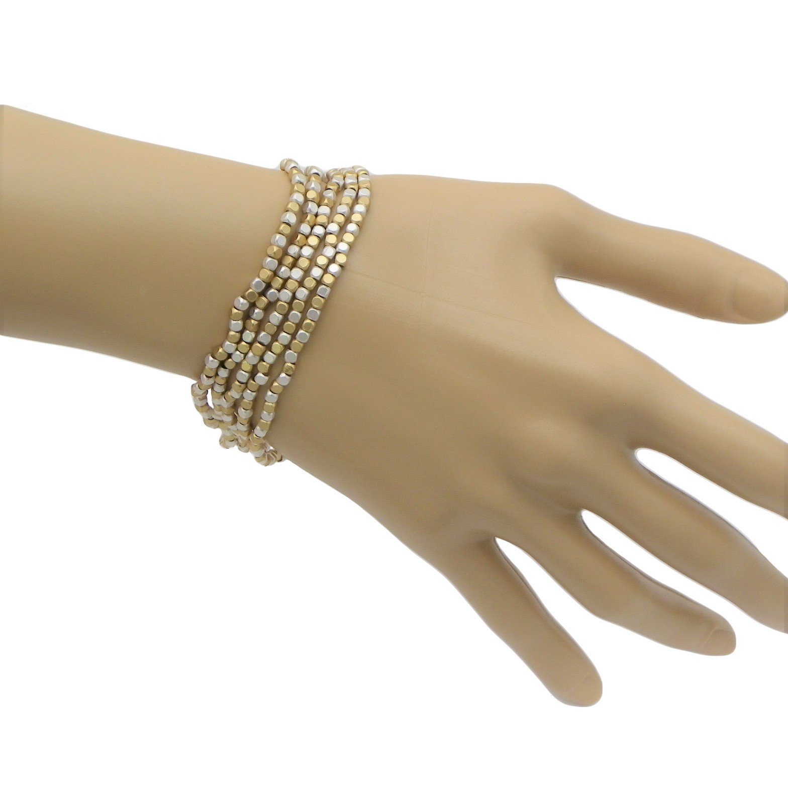 Rosemarie Collections Women's Seed Bead Nugget Stretch Bracelet Set of 5 (Matte Two Tone Gold Silver)