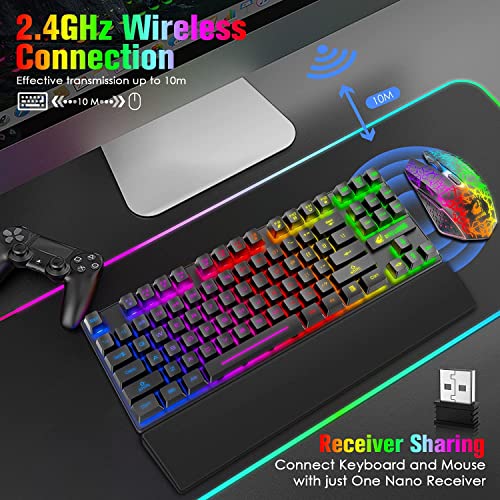 Wireless Gaming Keyboard Mouse and Wrist Rest Set with 87 Key Rainbow Backlight Rechargeable 3800mAh Battery Mechanical Feel Anti-ghosting Ergonomic Waterproof Mute Mice for PC Mac Gamer (Black Mix)