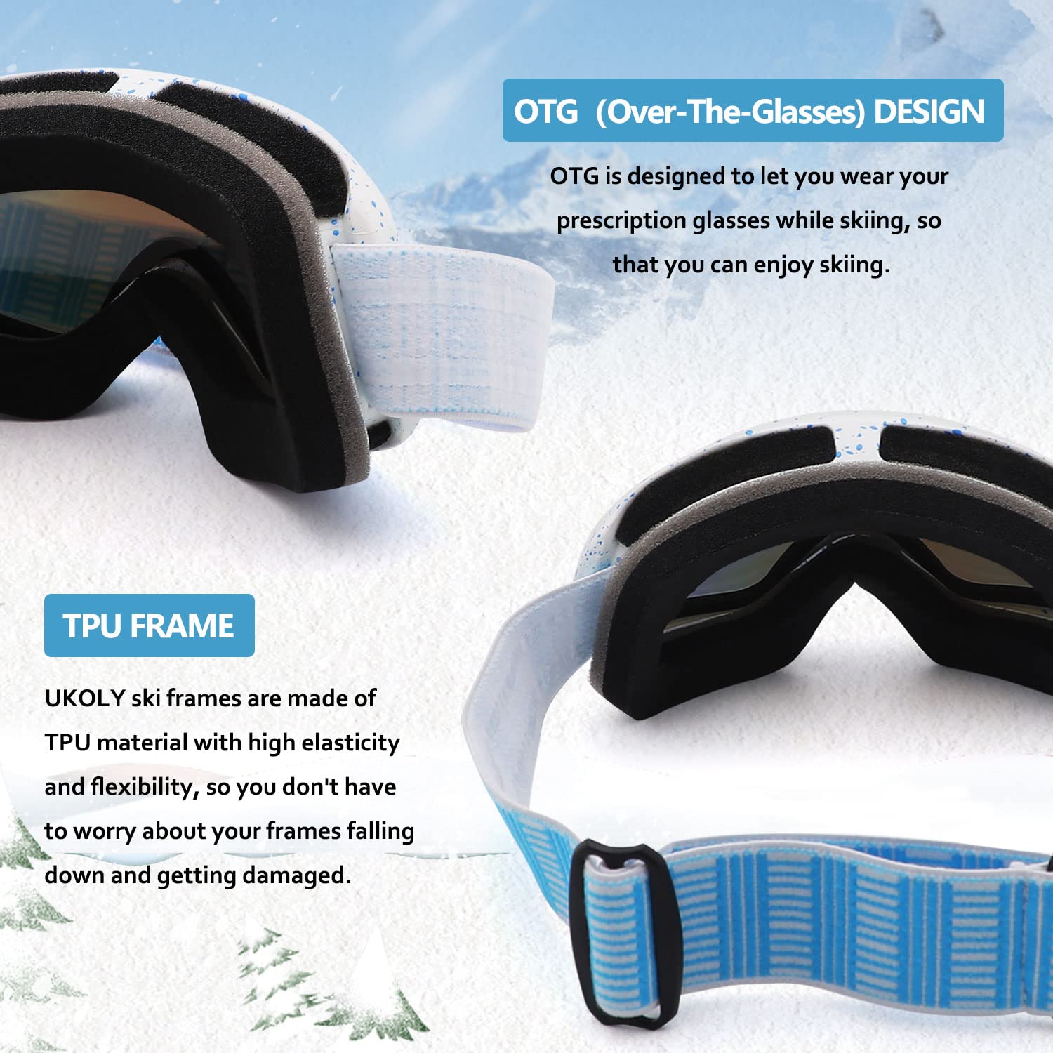 Ukoly Ski Goggles, 100% UV Protection OTG Snowboard Goggles for Men, Women Adult Youth