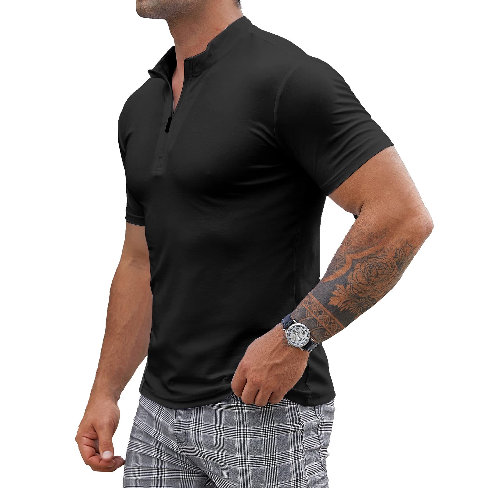 ZARWING Men's Polo Shirts Short Sleeve Slim Fit Mock Neck Casual Zip T-Shirts(Black06,Large)