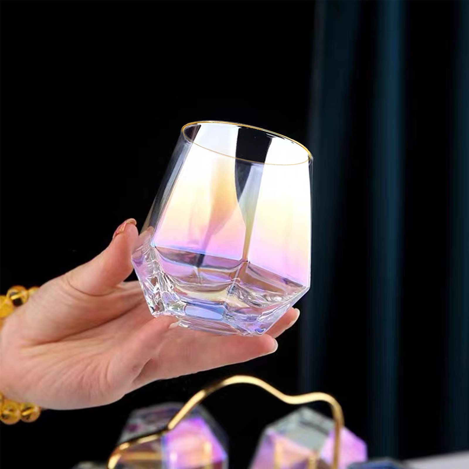 XKXKKE Diamond Wine Glass Set of 2, 10 OZ Modern Stemless Gold Rim Glass Cups Drinking Glassware for Serving Party,Home,Bar, Restaurants Colorful 2 Pack
