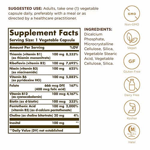 Solgar B-Complex "100" - 100 Vegetable Capsules, Pack of 2 - Energy Metabolism, Cardiovascular Health, Nervous System Support - Non-GMO, Vegan, Gluten Free - 200 Total Servings