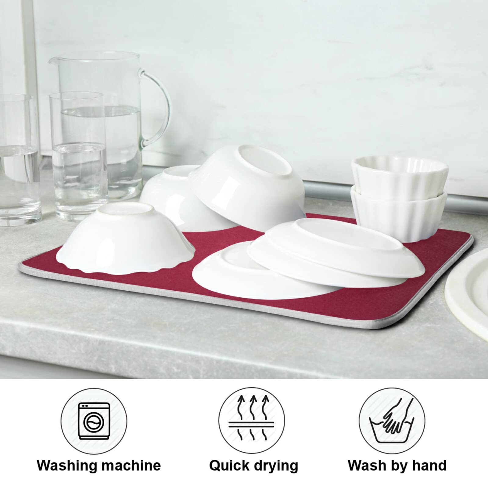 xigua Burgundy Red Solid Color Dish Drying Mat for Kitchen Counter, Absorbent Microfiber Dishes Drainer Mats, Tableware Protector Dish Drying Pad 18x24in