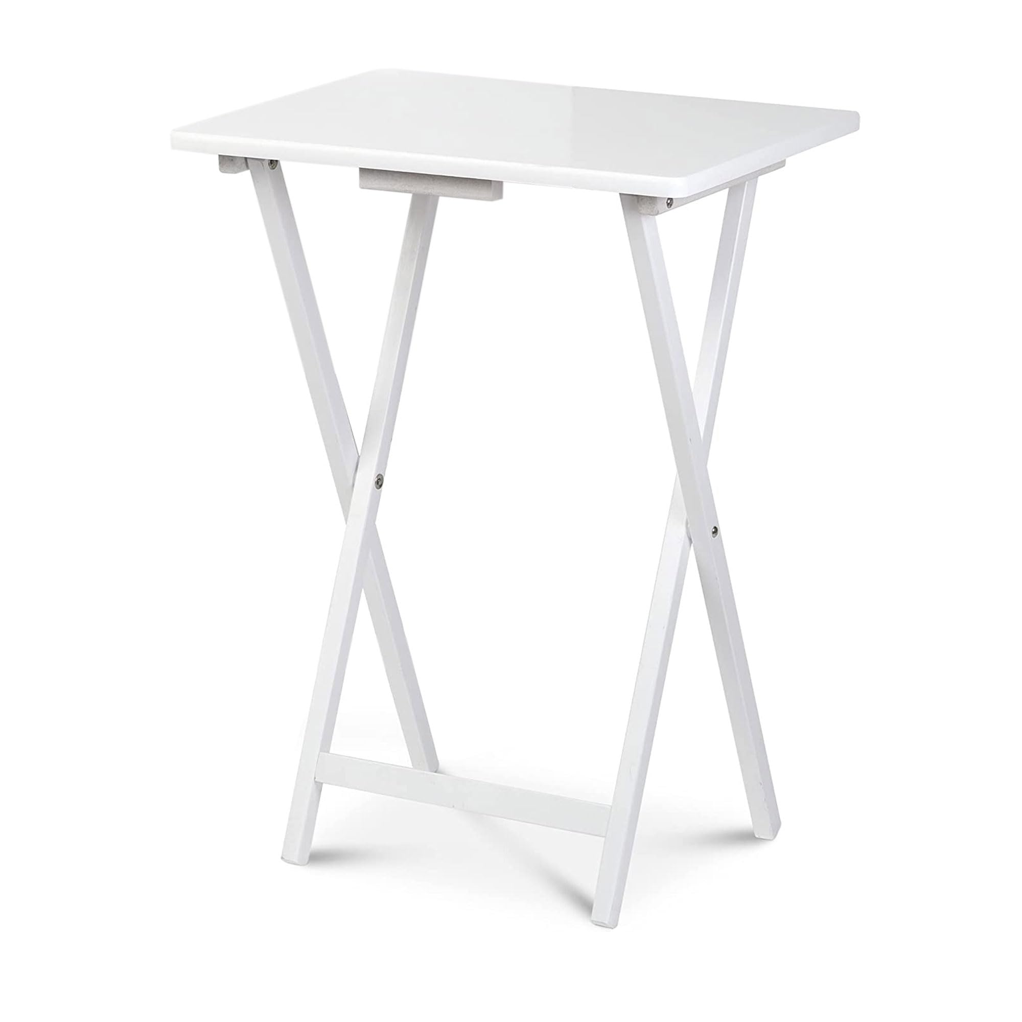 PJ Wood Lightweight Rectangle Solid Wood Construction Multifunctional Folding Table Tray with Compact Storage Rack, White, 2 Piece Set