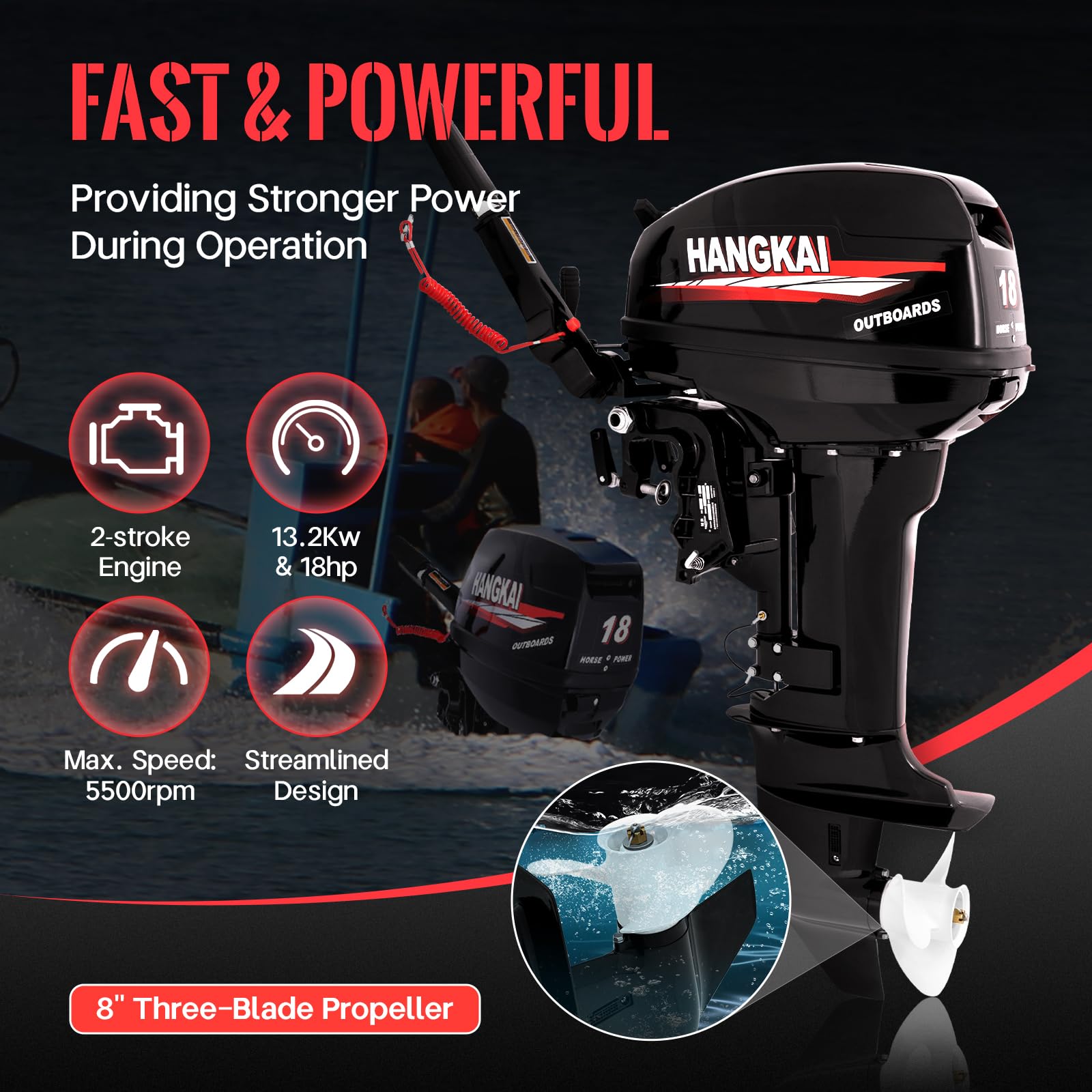 TBVECHI 2-Stroke 18HP 246cc Outboard Motor Fishing Boat Engine Water Cooling 6000Rpm