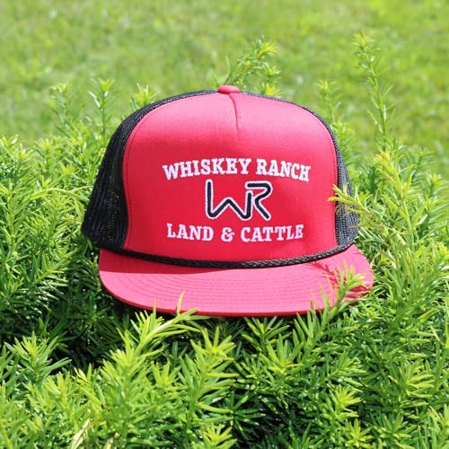 WHISKEY BENT HAT CO. Whiskey Ranch Land & Cattle, Mesh Snapback Trucker Hats w/Rope (US, Alpha, One Size, Red/Black Embroidered)
