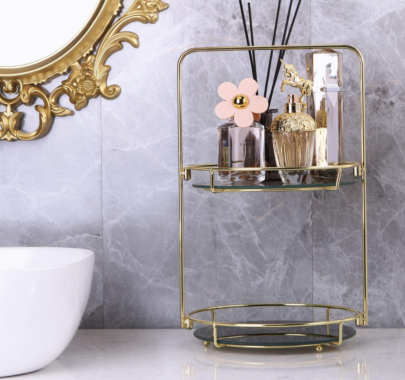 Simmer Stone Makeup Organizer Shelf, 2 Tier Cosmetic Storage Basket with Removable Glass Tray, Round Wire Vanity Organizer Rack for Dresser, Countertop, Bathroom and More, Gold