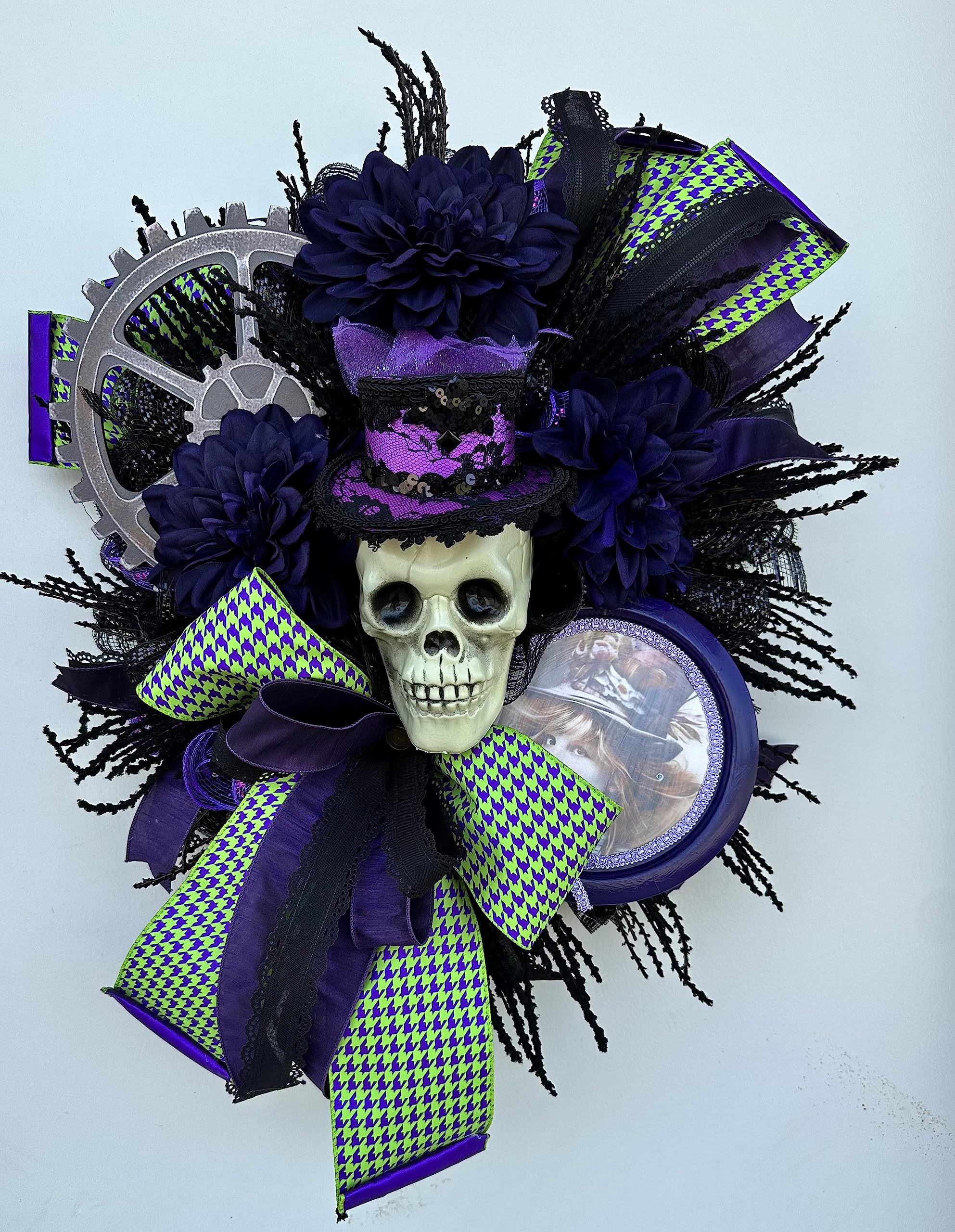 Purple Steampunk Halloween Skeleton Wreath - 26x19in - Spooky and Stylish Décor