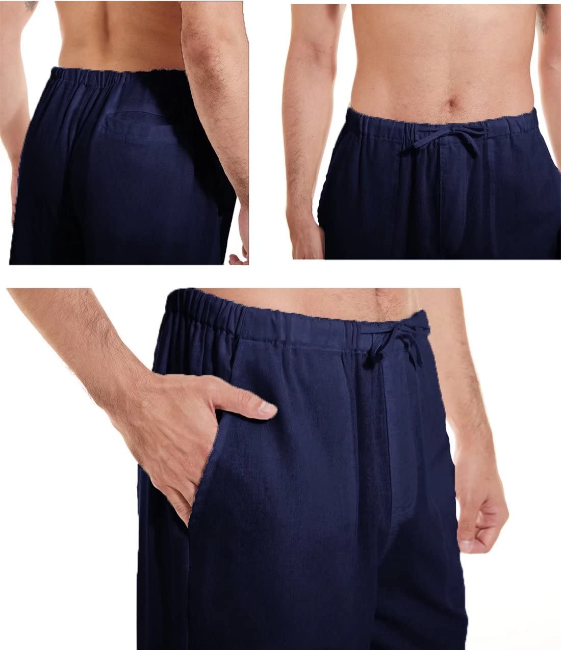 YuKaiChen Men's Linen Cotton Yoga Pants Lounge Casual Sweatpants Beach Trousers Blue L