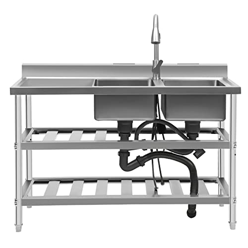Outdoor Utility Sink,Free Standing Commercial Restaurant Kitchen Sink,Double Basin Sink and A Shelf Underneath,Countertop for Restaurant