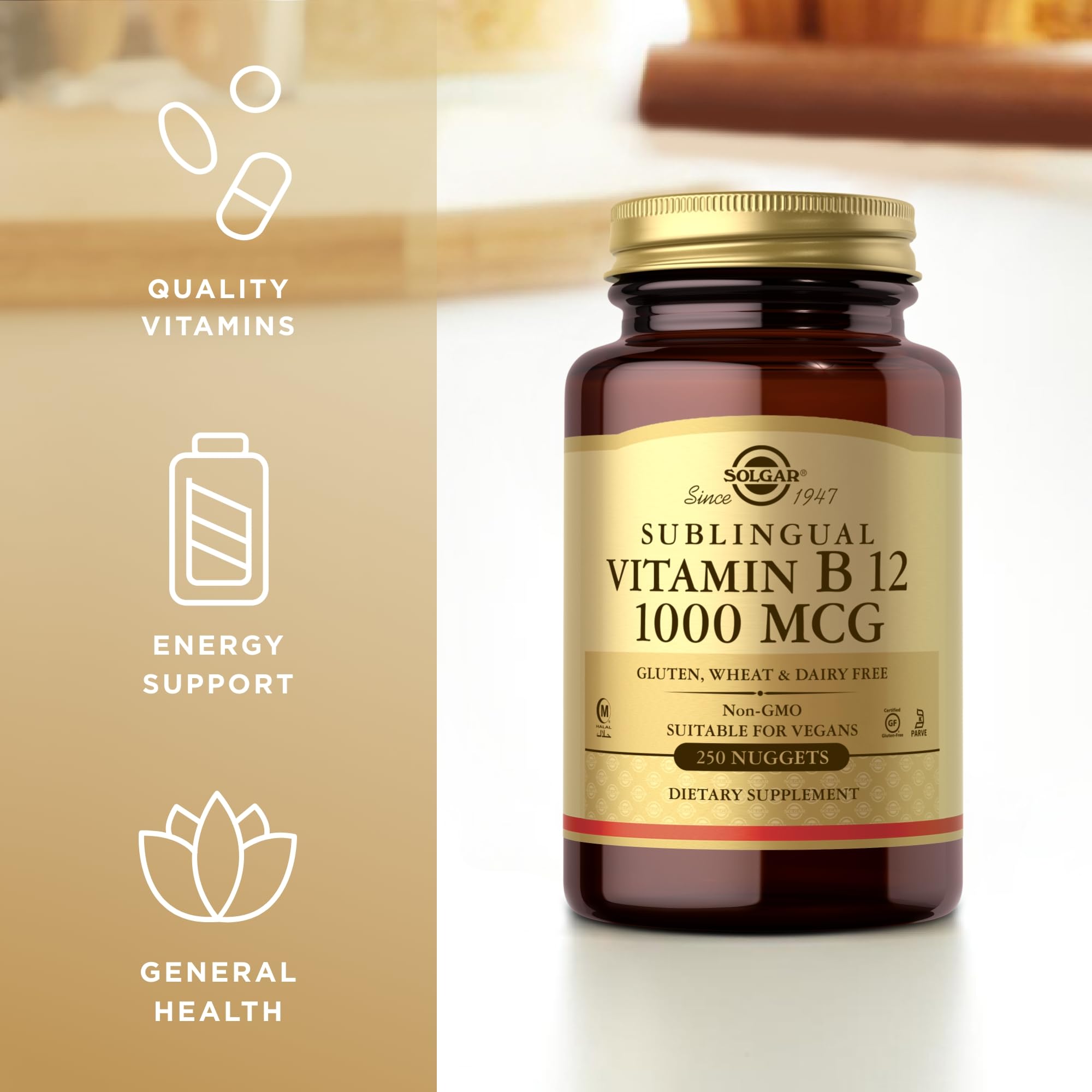 SOLGAR Sublingual Vitamin B12 1000 mcg - 250 Nuggets, Pack of 2 - Non-GMO, Vegan, Gluten Free, Dairy Free, Kosher, Halal - 500 Total Servings