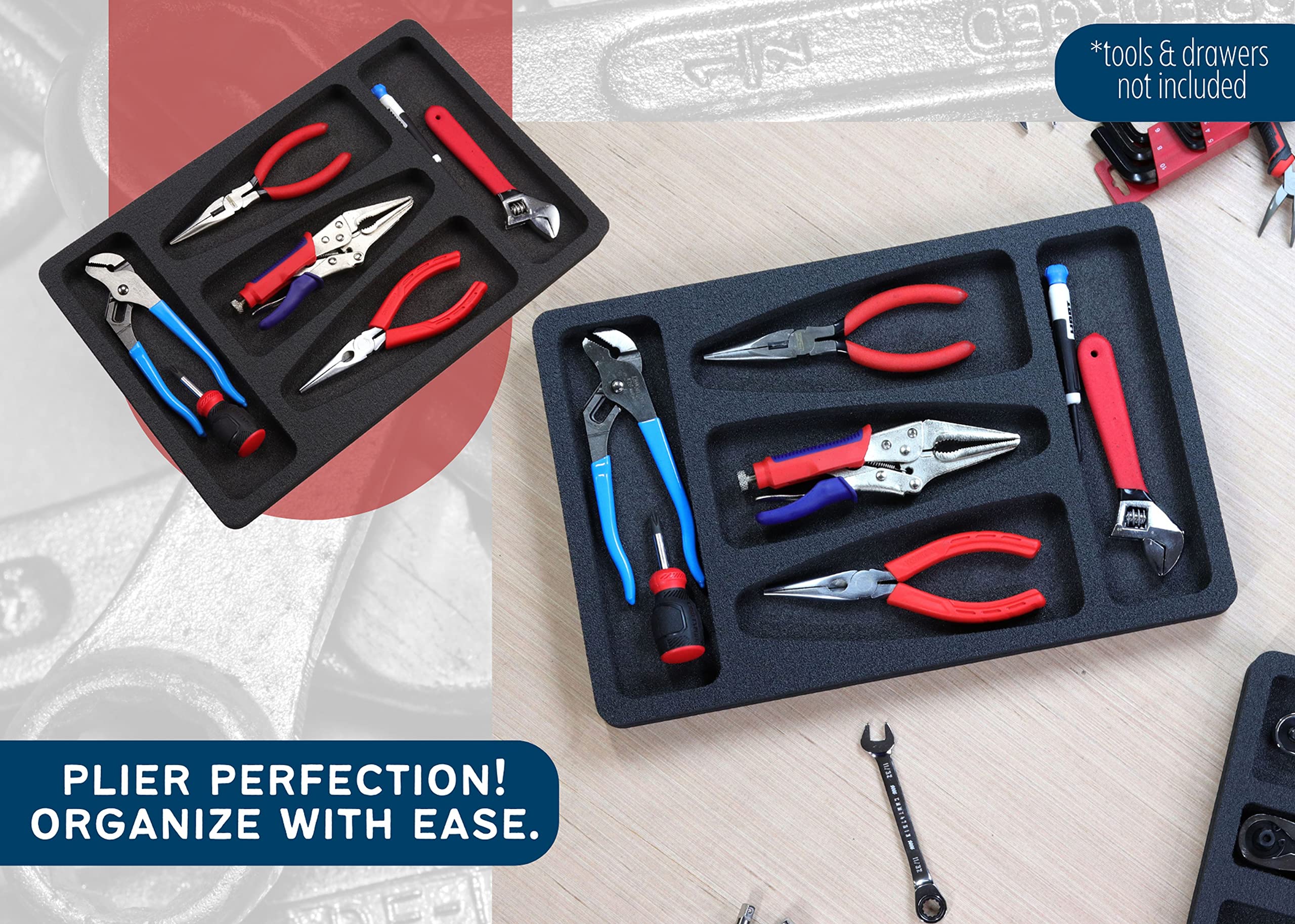 Polar Whale Tool Drawer Organizer Small Pliers Holder Insert Black Durable Foam Tray 15 x 10 Inches 5 Pockets Holds 3 Small Pliers Up To 8 Inch Long Fits Craftsman Husky Kobalt Milwaukee Many Others