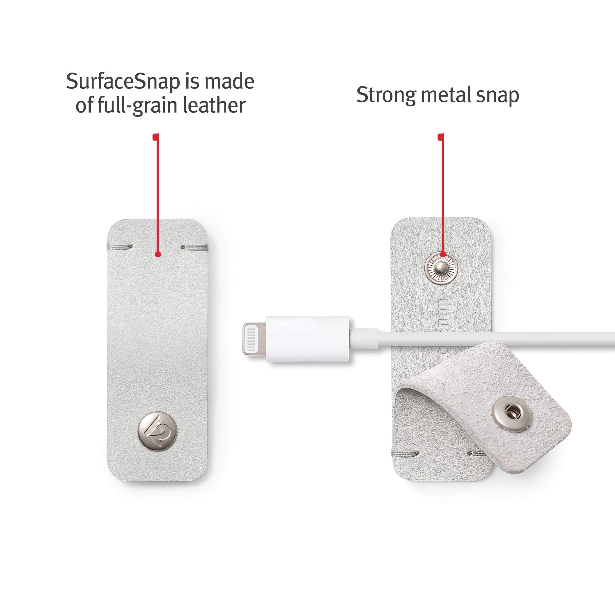 Twelve South SurfaceSnap | 3pk, Leather Cord Organizers/Cable Management with Damage-Free Adhesive for Any Surface (Grey)