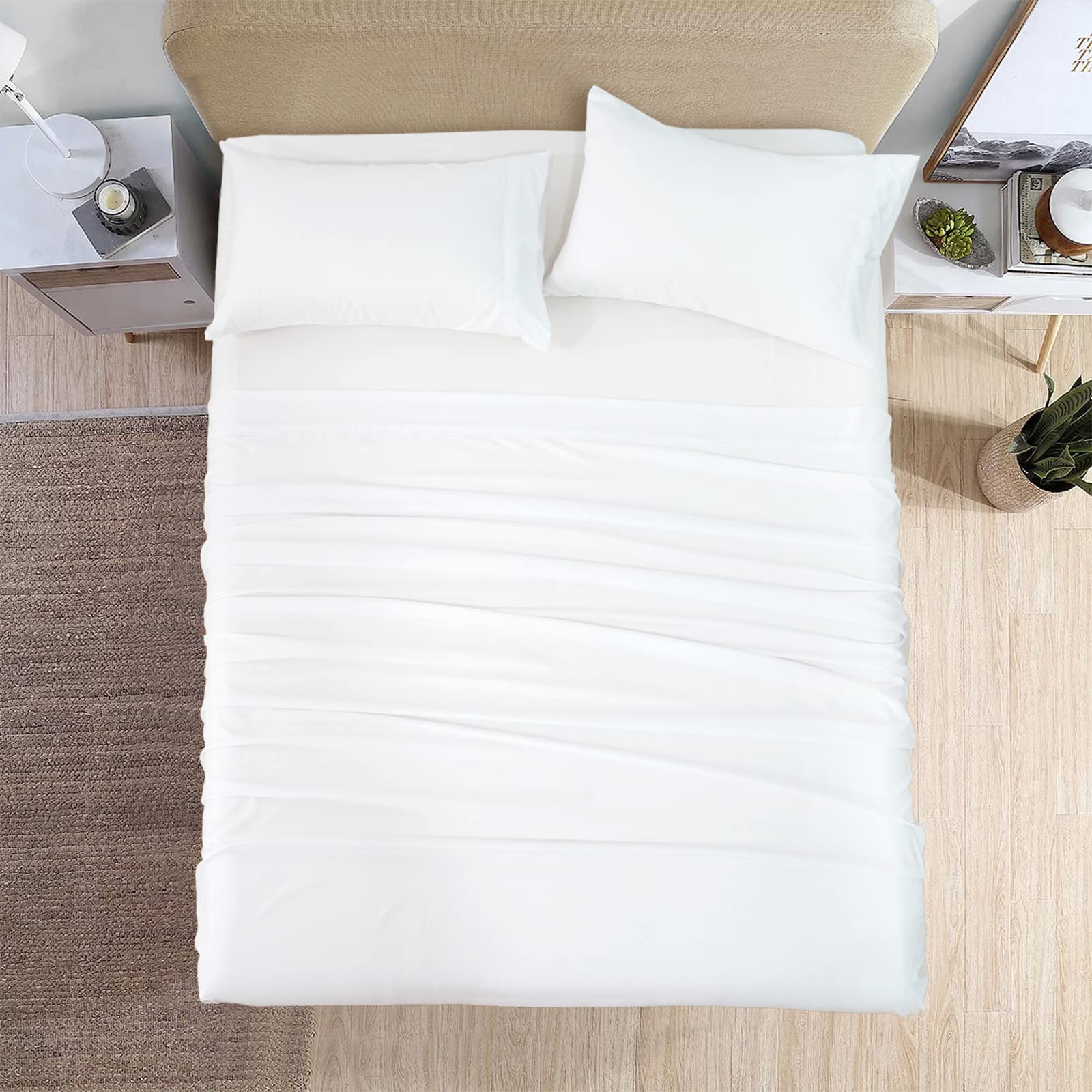 PHF Cooling Bamboo Viscose Sheets Set King Size, 4 Piece Silky Soft Viscose from Bamboo_Bed Sheets Set, 1800 Thread Count 16 Inch Deep Pockets, Ultra Soft Smooth Breathable Bedding Sheets, White