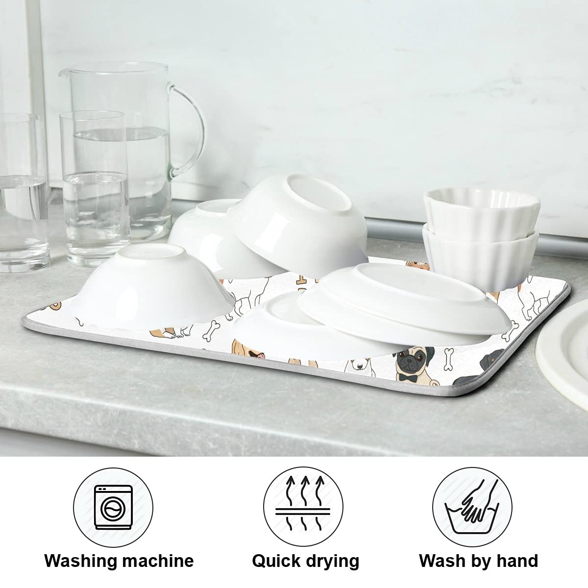 xigua Dog Dish Drying Mat for Kitchen Counter,Texture Ultra Absorbent Reversible Microfiber Dishes Drying Rack Pad Heat-resistant Mats 16x18in