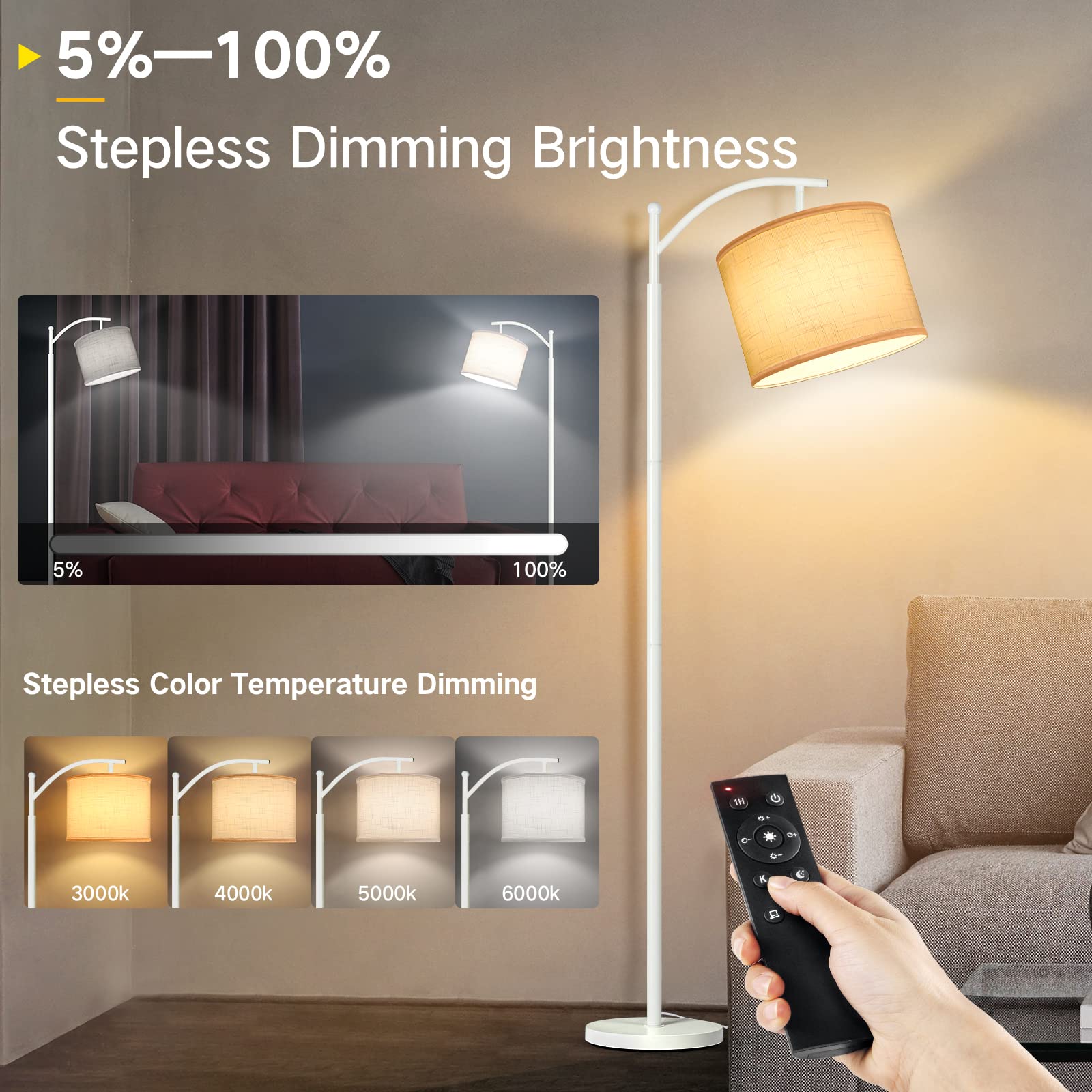 OUTON Arc Floor Lamp with Remote Control, LED Dimmable Modern Lamp with 4 Color Temperatures, Tall Standing Reading Lamp with Adjustable White Linen Shade for Living Room, Bedroom, Office, White