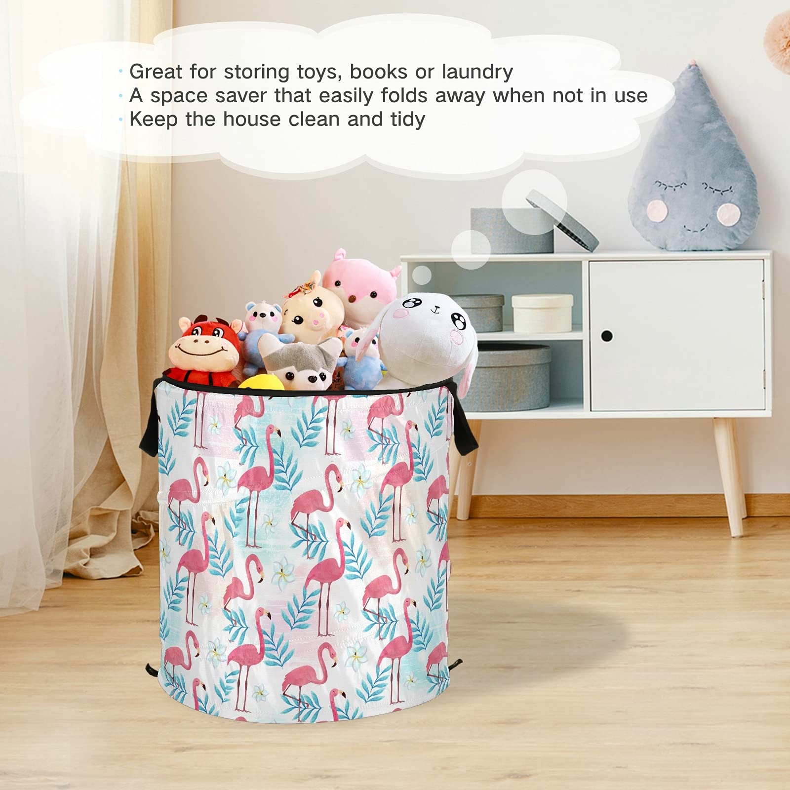xigua Flamingo Round Laundry Basket with Lid, Waterproof Clothes Toy Storage Basket Nursery Hamper with Handles for Laundry Room, Bathroom, Bedroom, Dorm, Kids Room