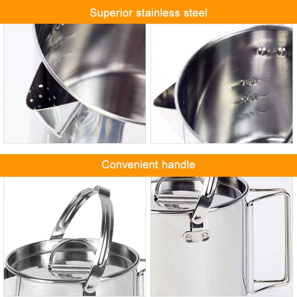 YFDM Outdoor Camping Tableware 1.2L Stainless Steel Hanging Pot Camping Cup Camping Cookware Soup Coffee Pot Portable
