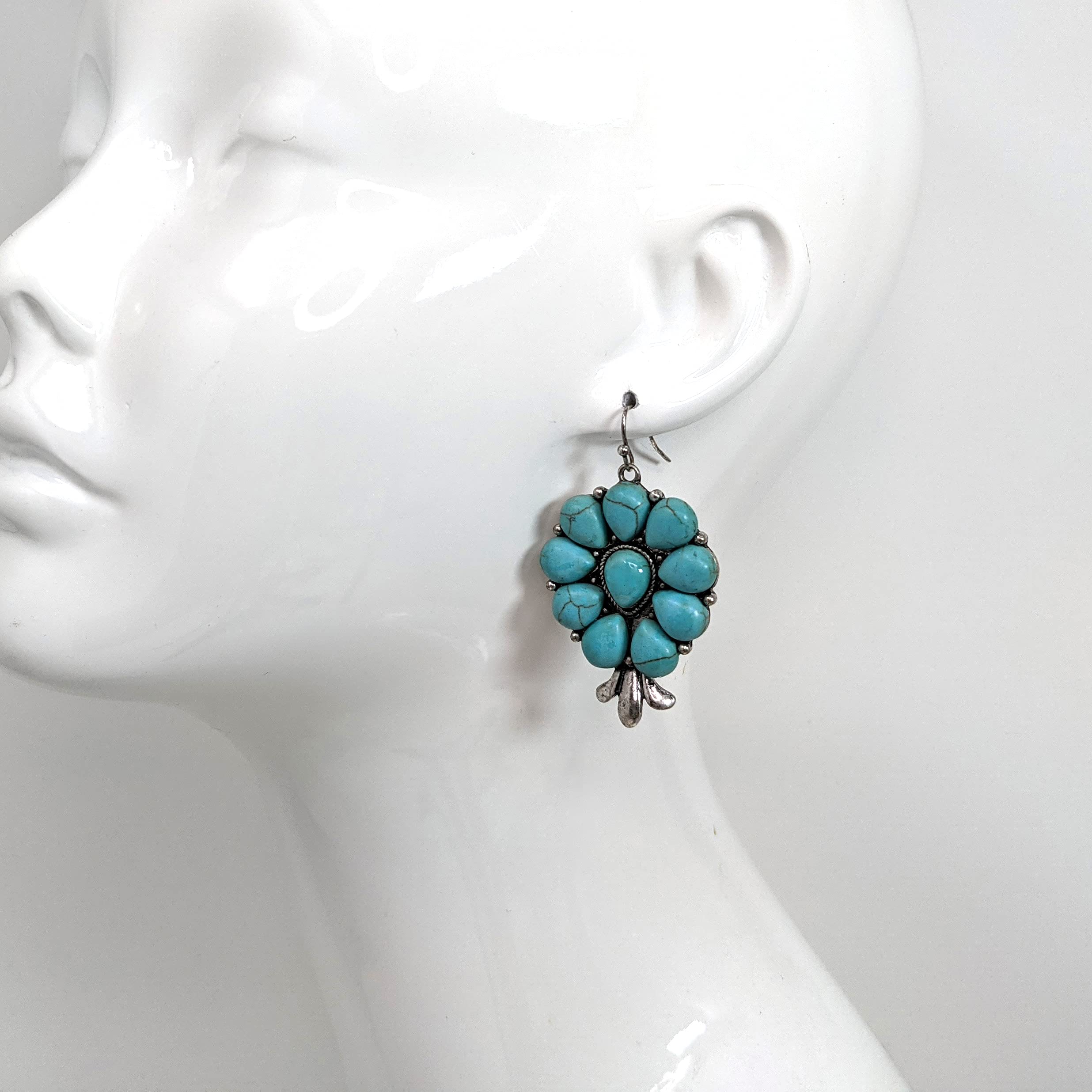 Turquoise Stone Squash Blossom Pendant Bib Statement Faux Navajo Pearl Necklace 20 Inch and French Hook Earrings (Silver Burnish/Turquoise)
