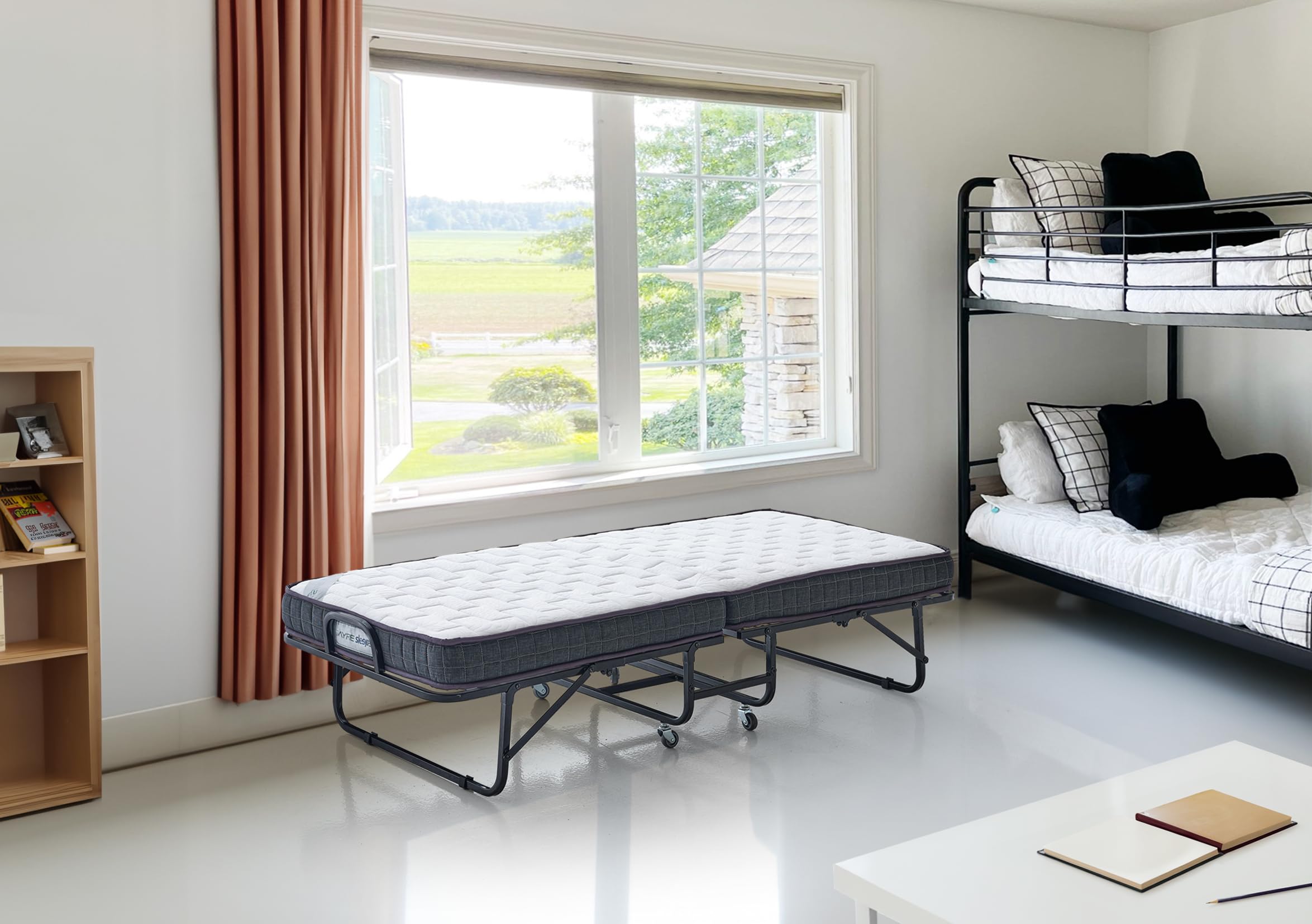 SAYRE SLEEP Folding Bed with Memory Foam Mattress - 75x38 Twin Size Bed Frame - Roll Away Adult Bed for Guest - Portable and Foldable - Strong Back Support- Easy Assemble