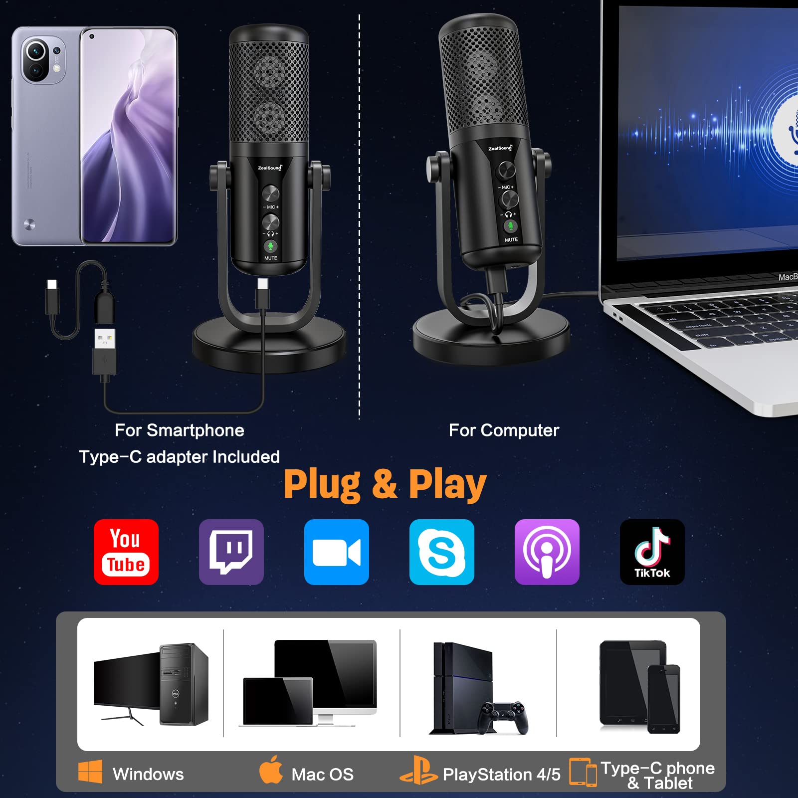 ZealSound Recording Microphone k08-u with Adapter (Black)