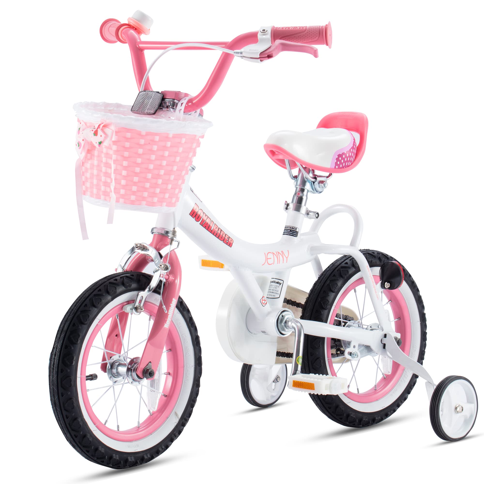 Royalbaby Princess Girl Children's Bicycle Outdoor Ride-On Bike with Training Wheels, Kickstand, Adjustable Seat and Basket, 16 Inch, Jenny/White-Pink